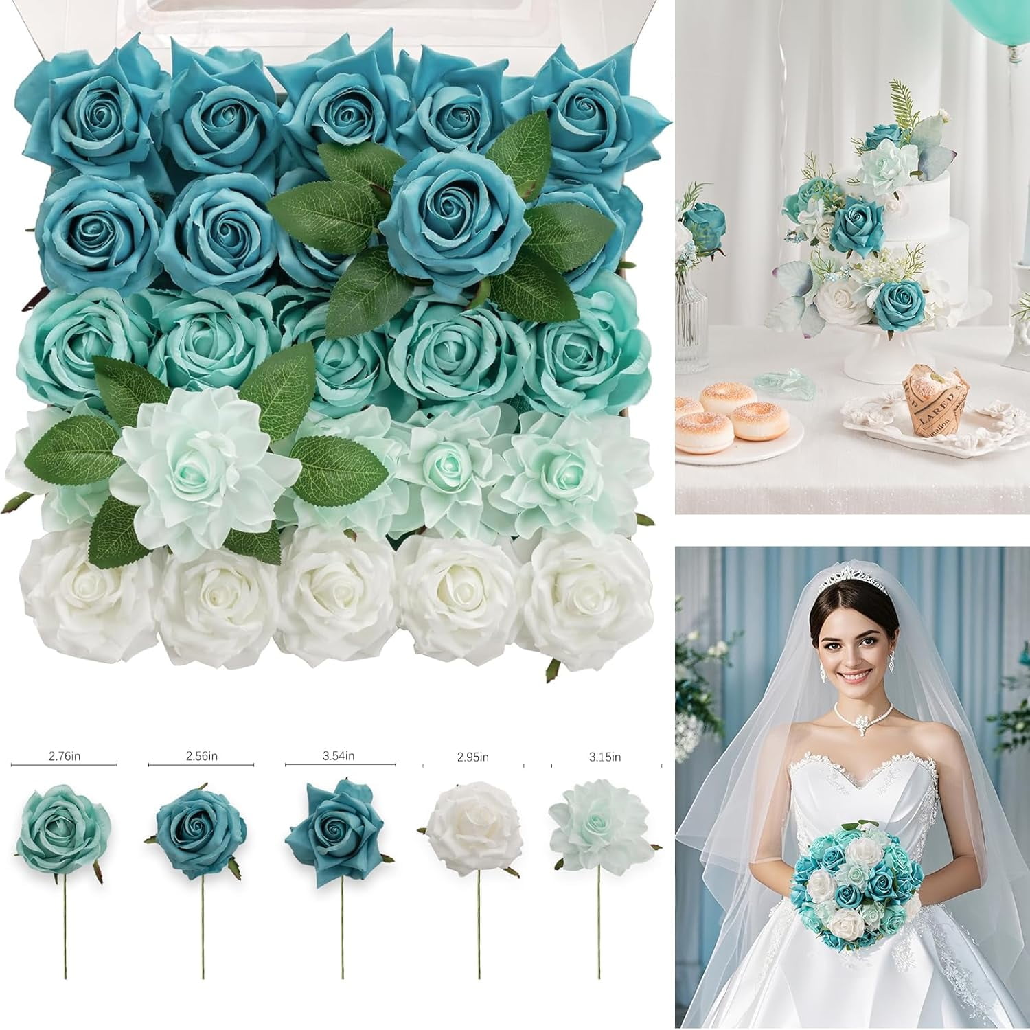 25pcs Artificial Teal Green Rose Flowers with Real Looking Stem for DIY ...