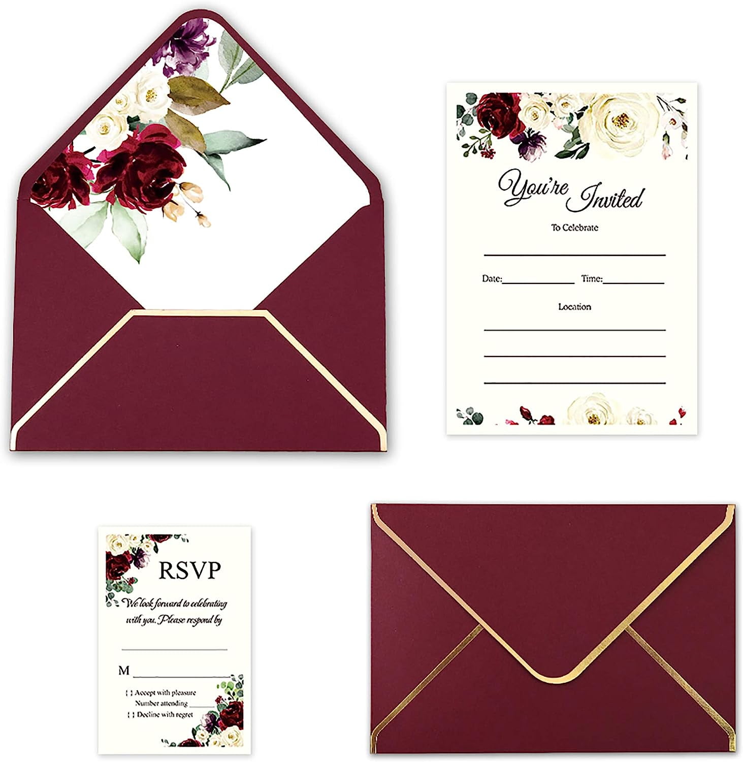 25pcs Burgundy Fill-in Invitations Cards with Burgundy Rose and ...