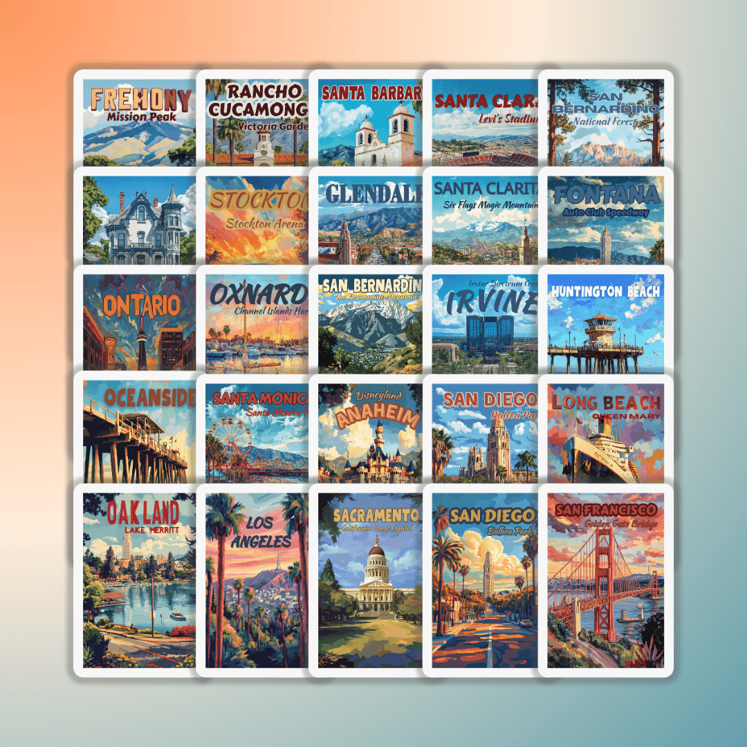 25pcs California Landmark Sticker Set, Oil Painting Style, City and ...