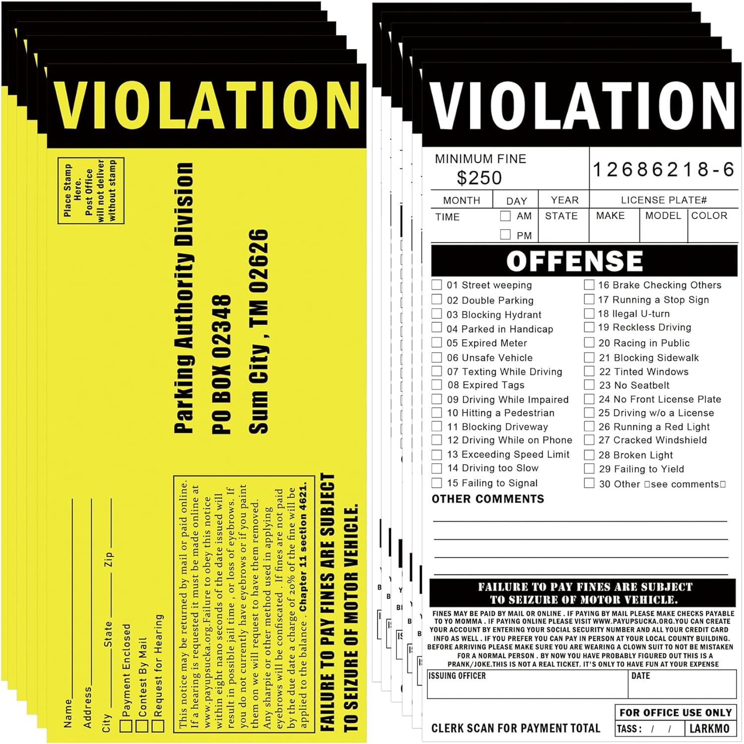 25pcs Fake Parking Tickets 8.5x4 inches Funny Double Side Violation ...