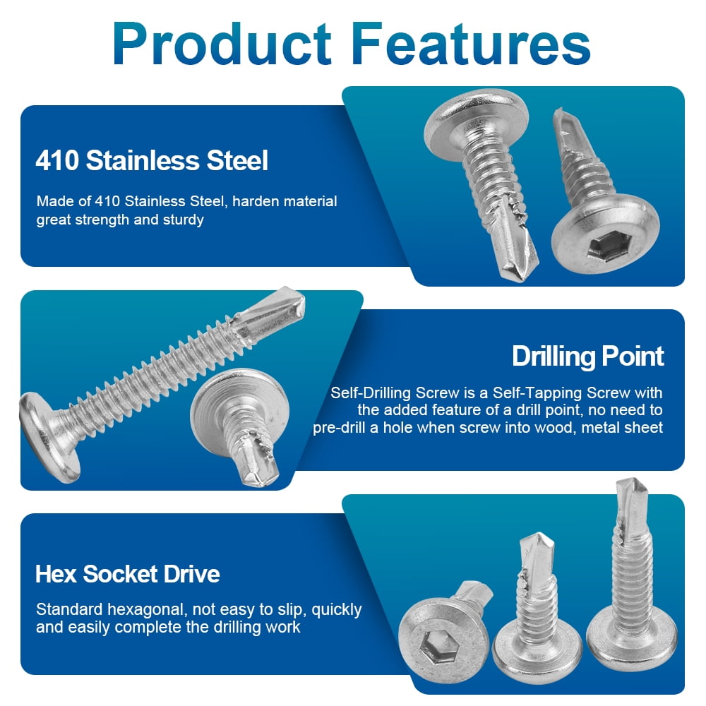 25pcs Flat Head Hexagonal Drill Tail Self-tapping Screw M5 410 Stainless Steel Allen Inverted ...