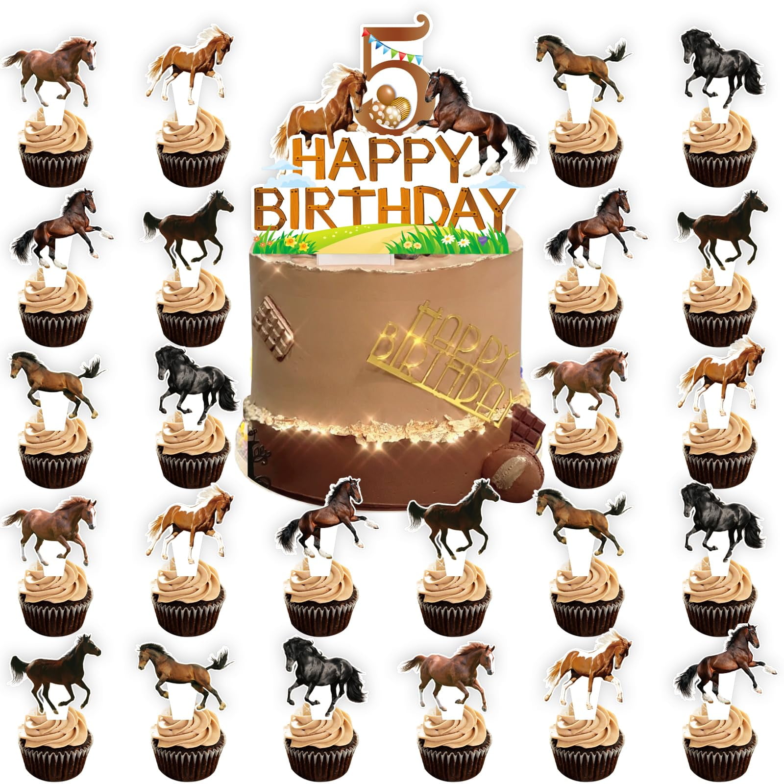 25pcs Horse 5th Birthday Party Supplies, Equestrian H2FSDRace Cupcake ...