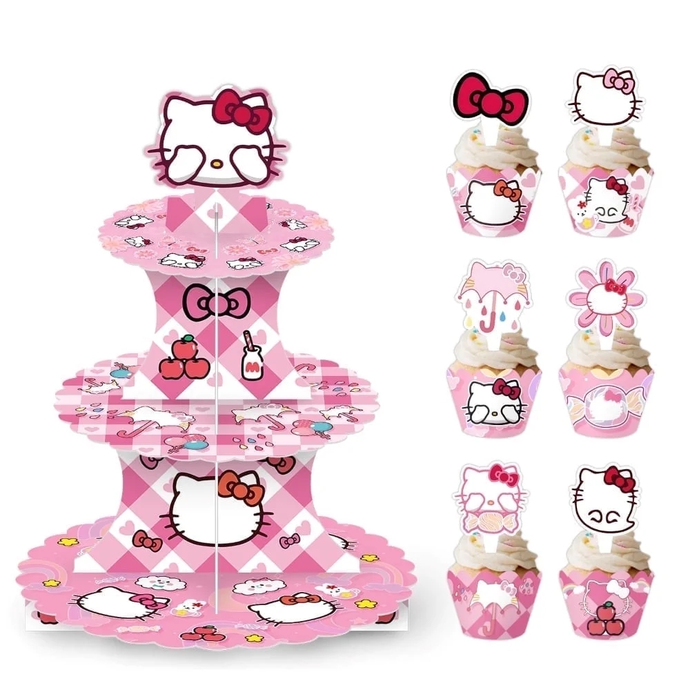 25pcs Kitty Party Decorations - Kitty Cake Stand 3 Tier 12pcs Cupcake ...