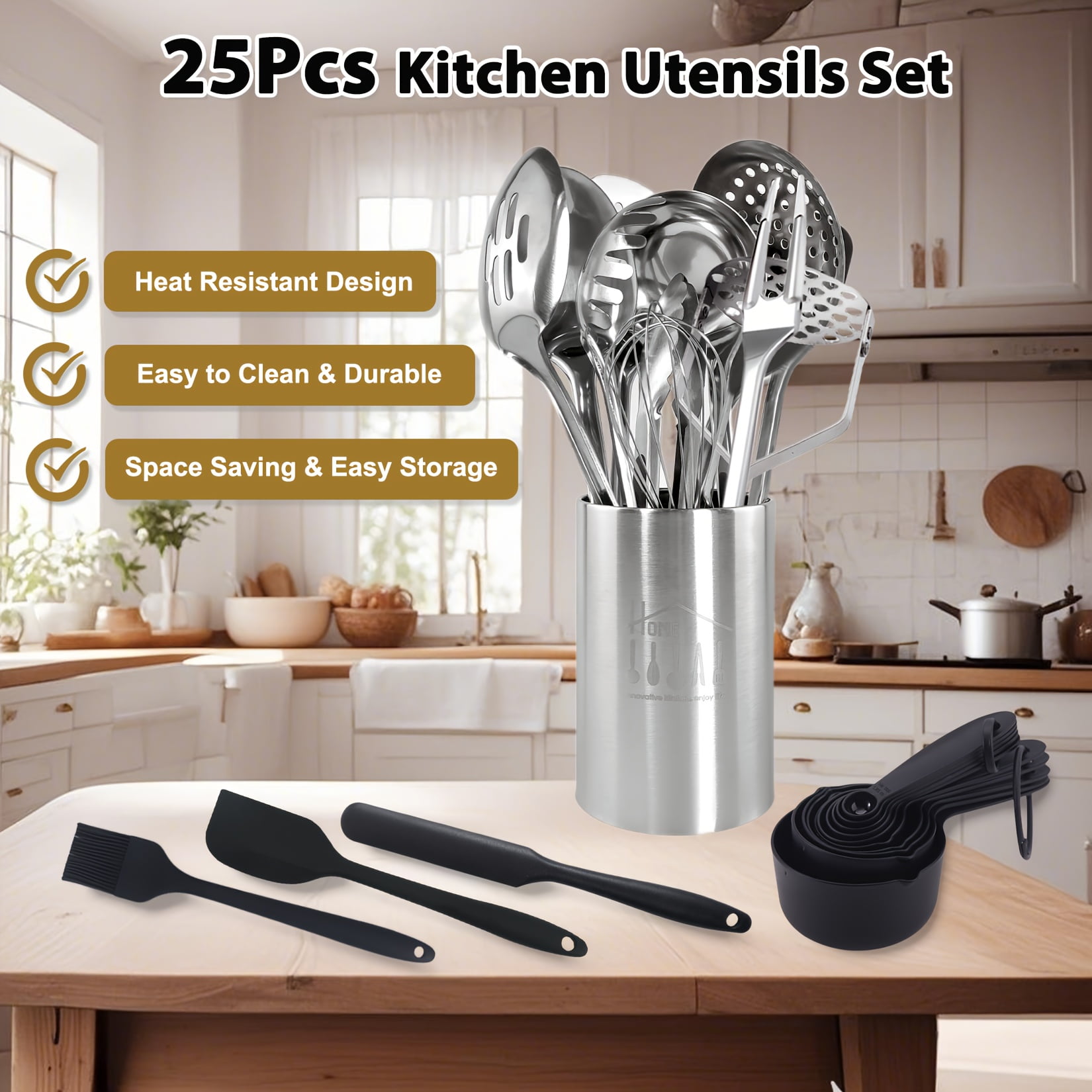 25pcs Metal Cooking Utensils Set, Stainless Steel Kitchen Utensils Set ...