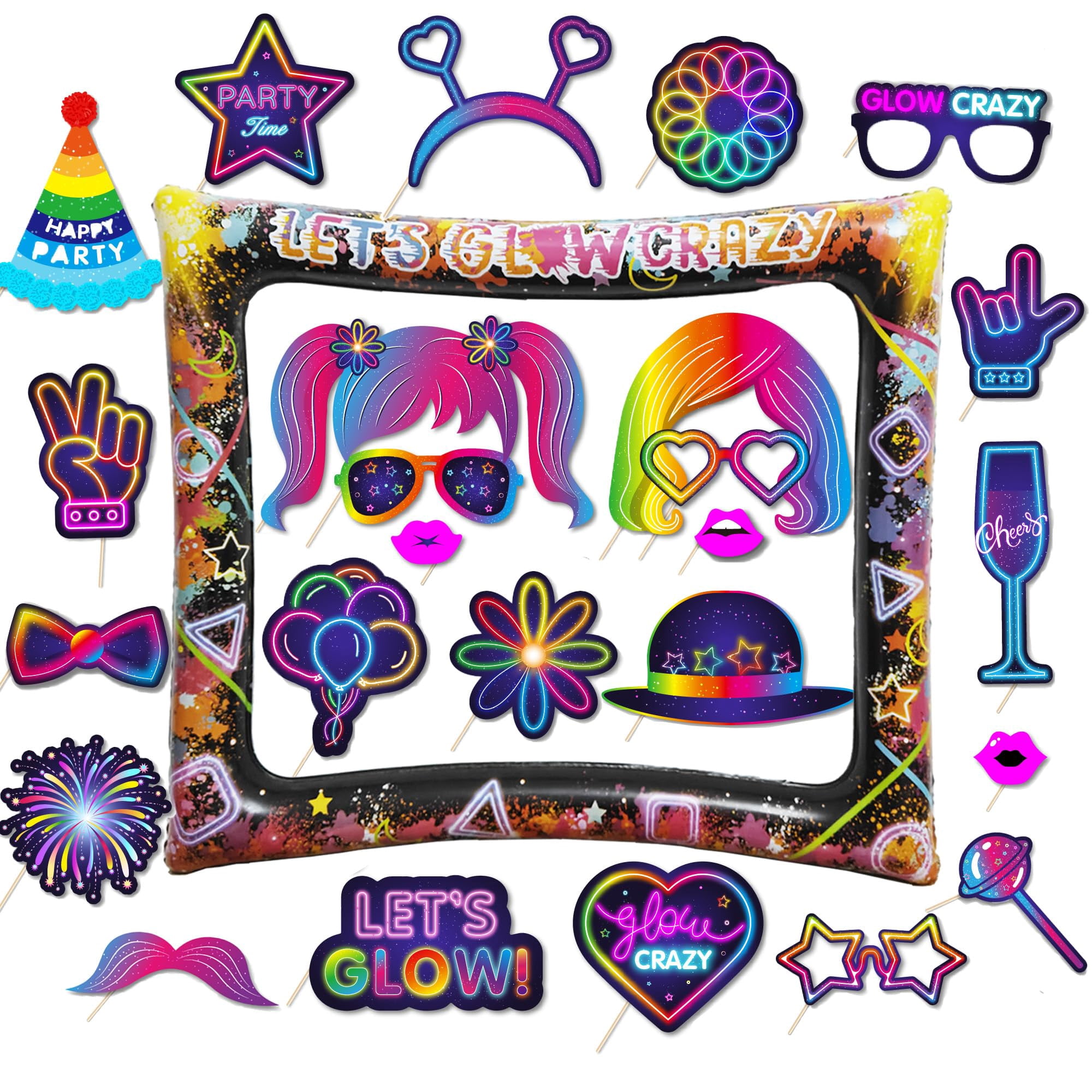 25pcs Neon Glow CORNET Party Photo Booth Props with Let's Glow ...