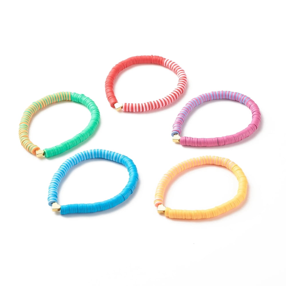 25pcs Polymer Clay Heishi Surfer Stretch Bracelet with Brass Heart ...