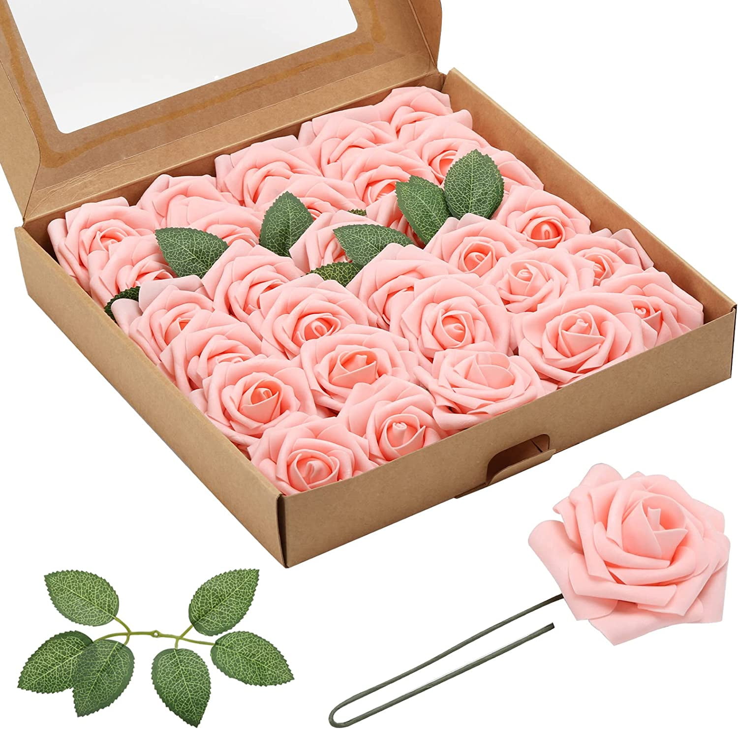 25pcs Realistic Foam Fake Roses with Stems for DIY Wedding Bouquets ...