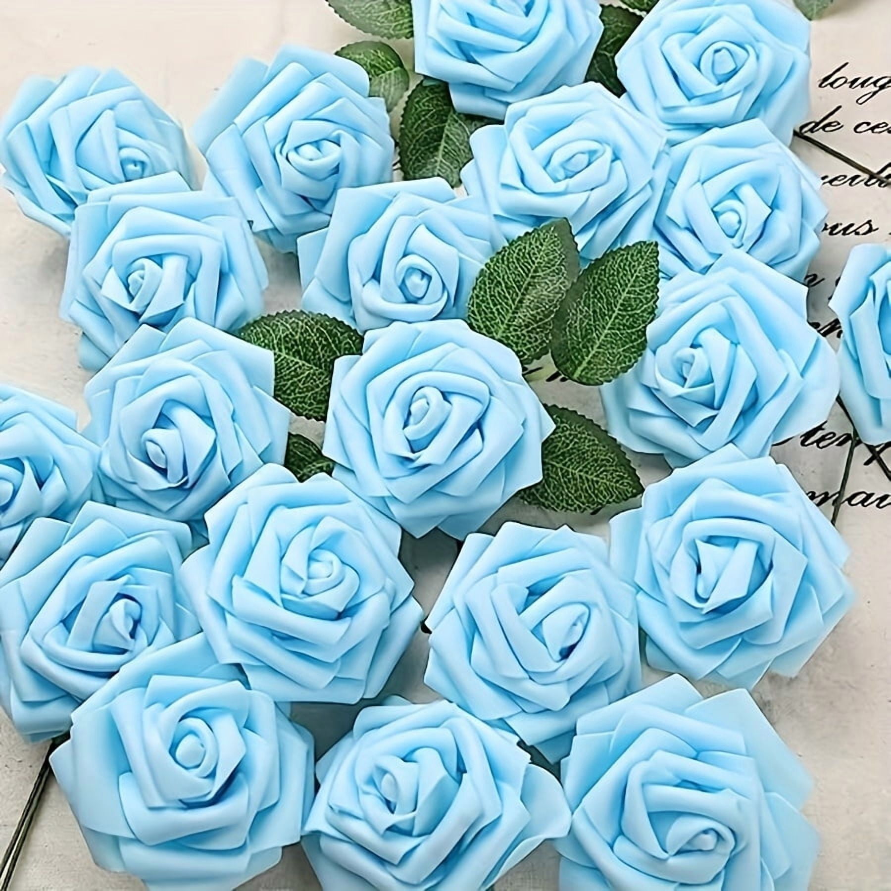 25pcs Realistic White Foam Roses with Green Leaves - Artificial Flowers ...