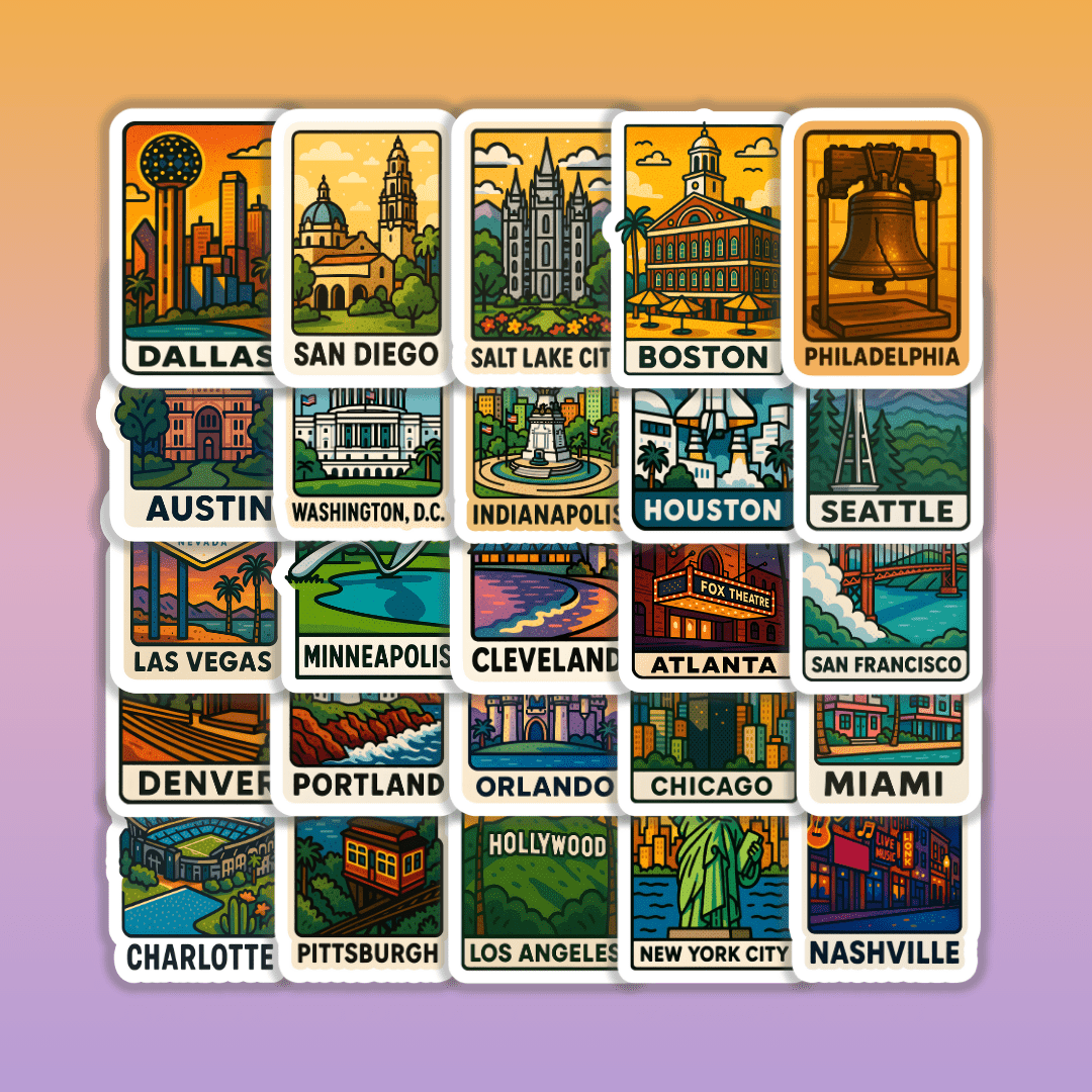 25pcs Stamp Illustration Style USA Landmark Stickers English City Names ...
