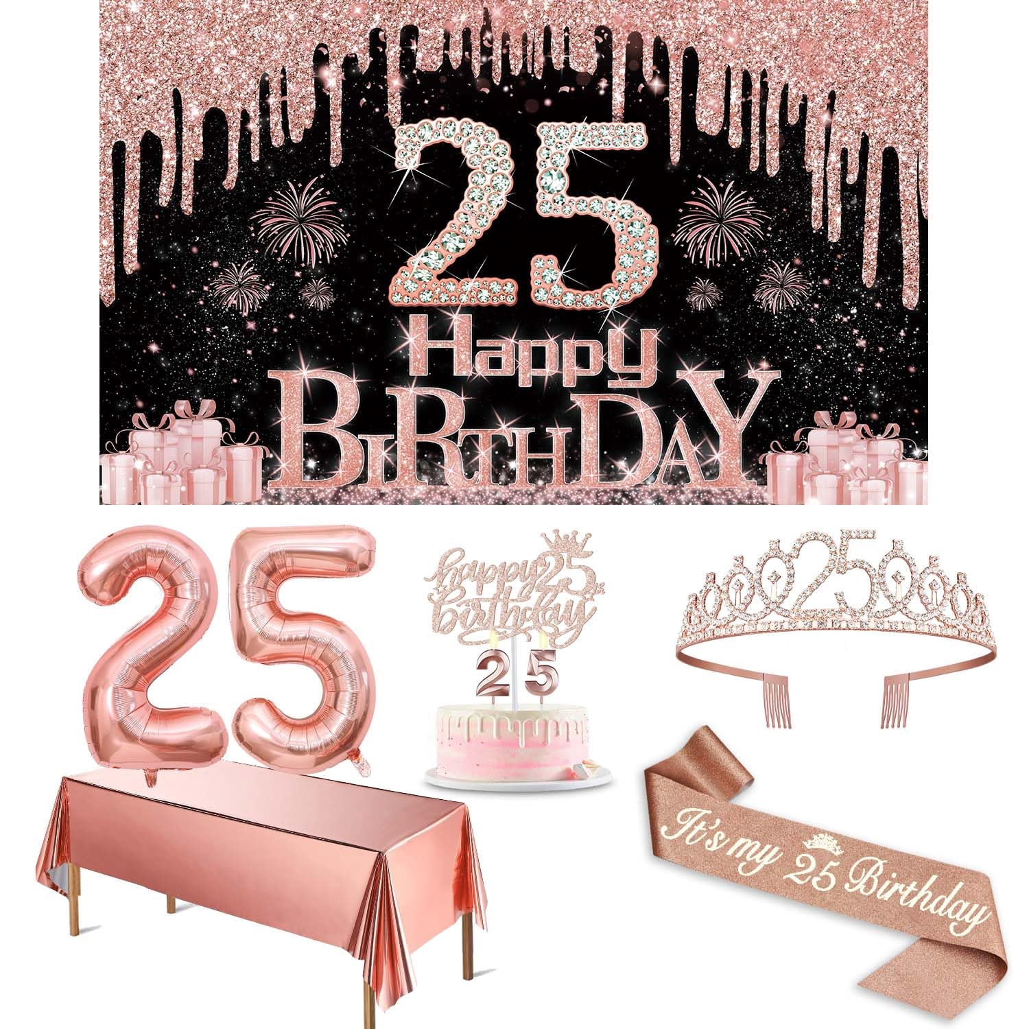 25th Birthday Decorations for SSF20 Women with Banner, Rose Gold ...