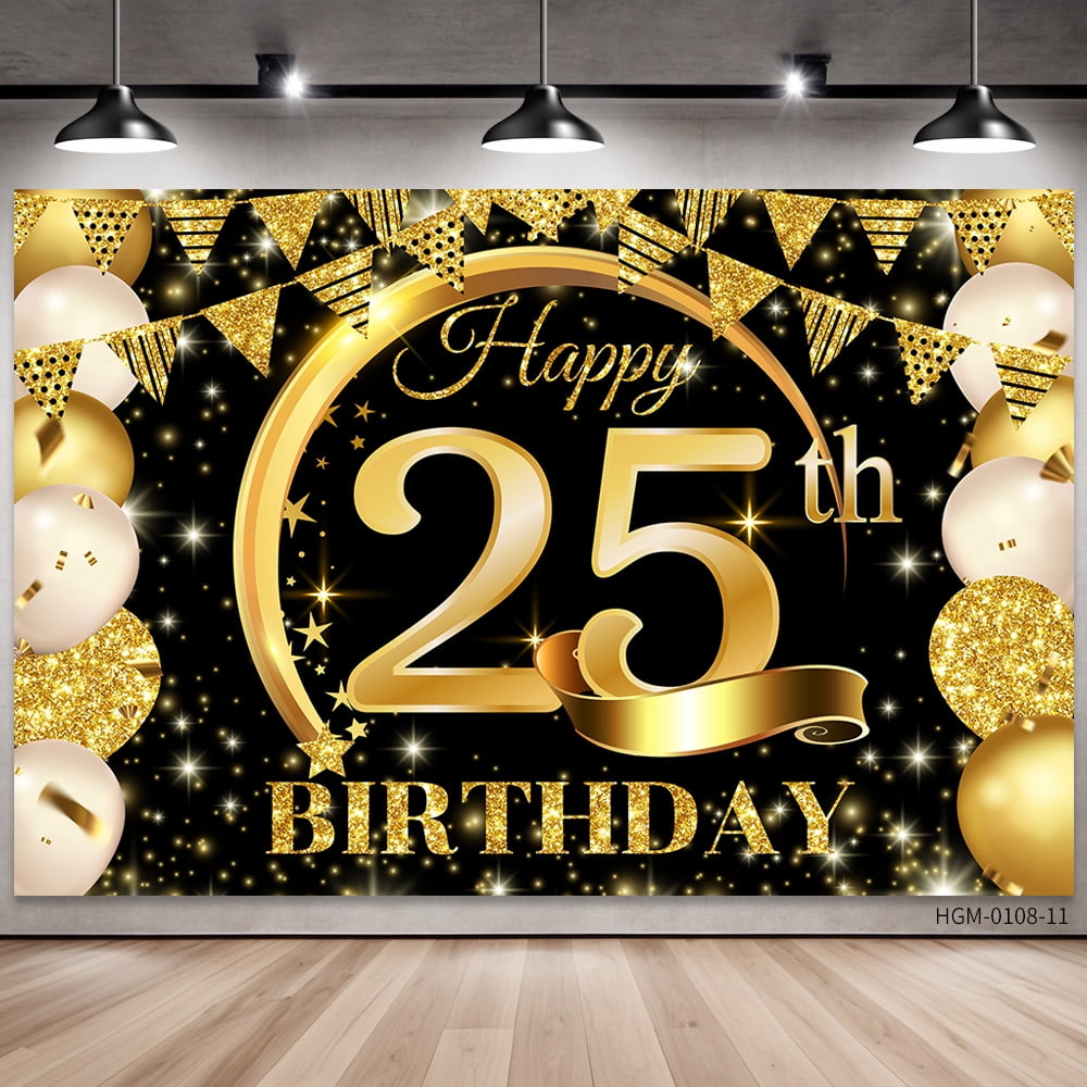 25th Happy Birthday Backdrop for Men Women Glitter Gold Balloons ...