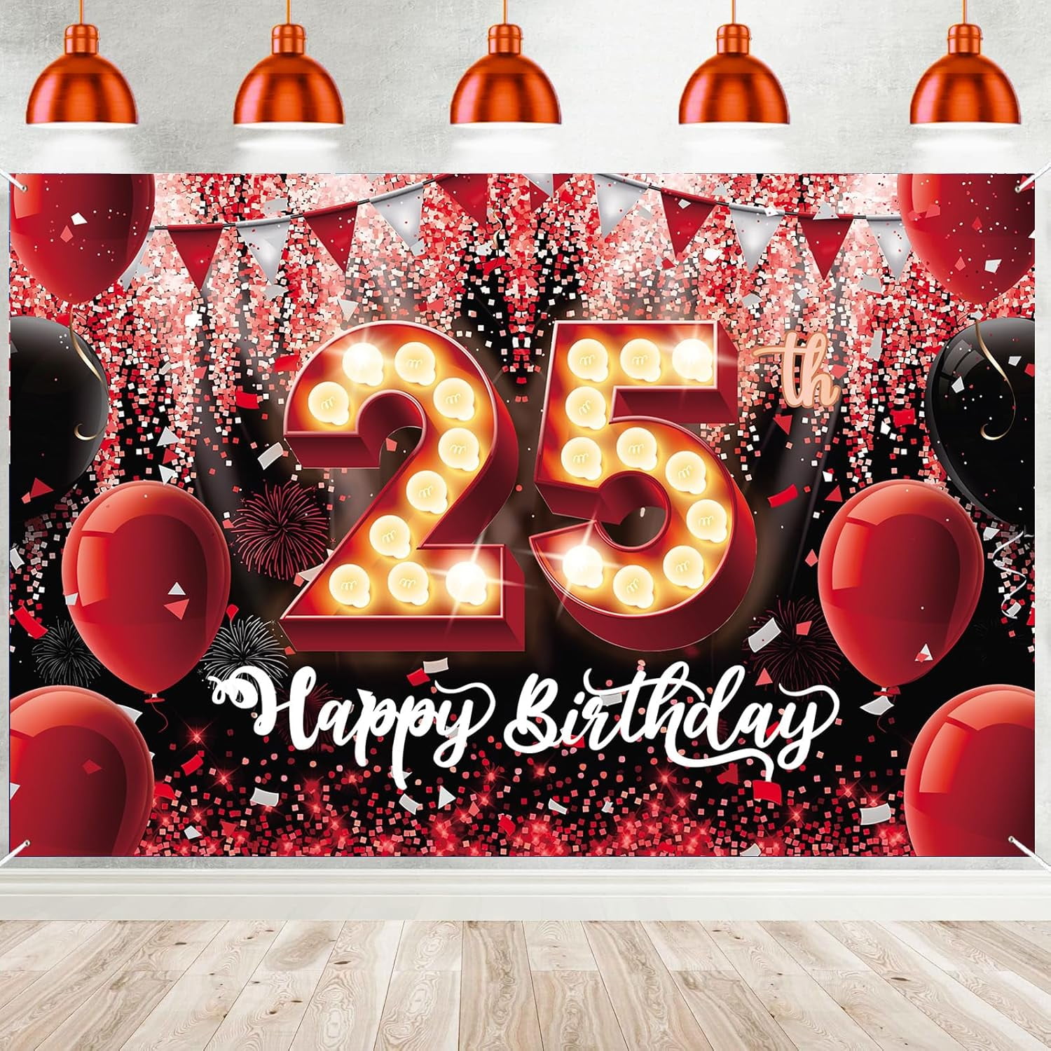 25th Happy Birthday Banner Red Sequin Balloon Banner Backdrop for Man Woman Gift Sign Birthday ...