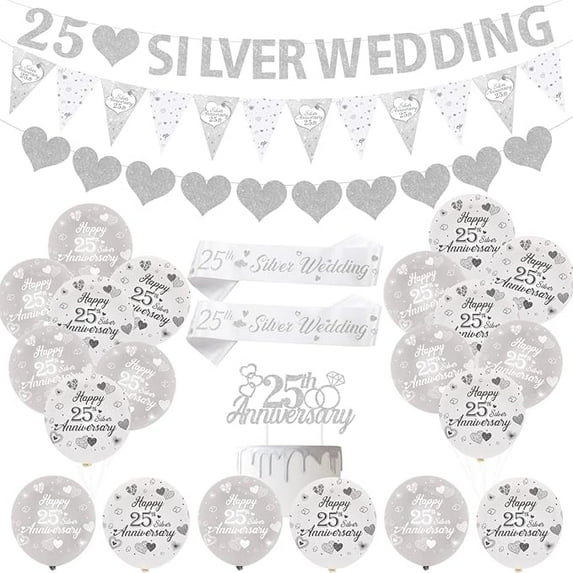 25th Wedding Anniversary Decorations - Silver Balloons, Banner, Heart ...
