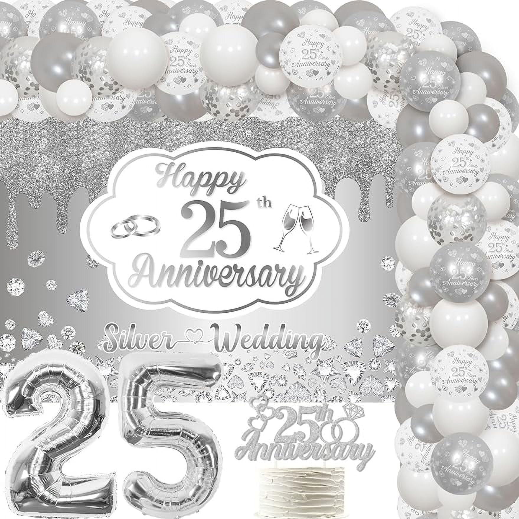 25th Wedding Anniversary Decorations Silver White Balloon Garland Kit ...