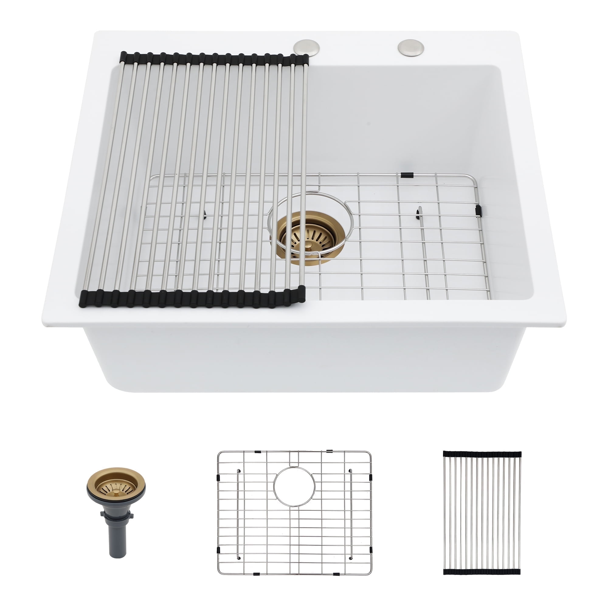 25x22 Inch White Quartz Composite Kitchen Sink Drop-in Top-Mount Single ...