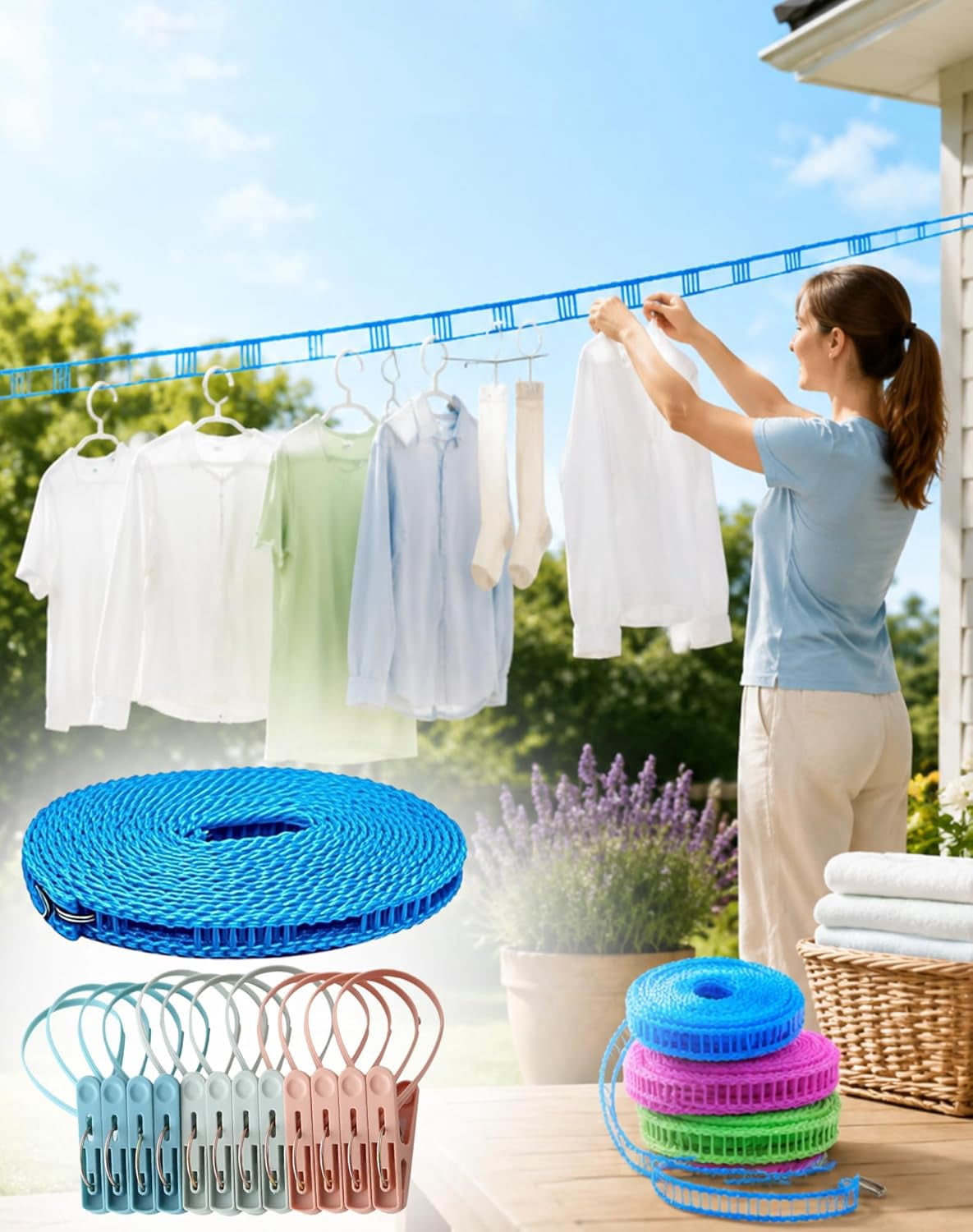 26.2 Ft / 32.8 Ft Portable Clothesline for Outdoor & Home - No Drilling ...
