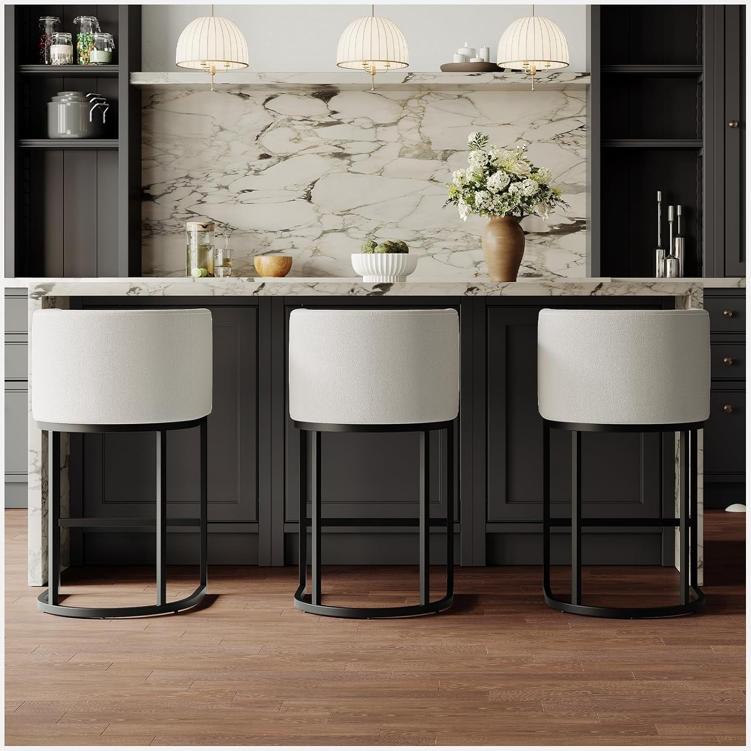 26" Counter Height Bar Stools PU Leather Upholstered Barrel Barstools ...