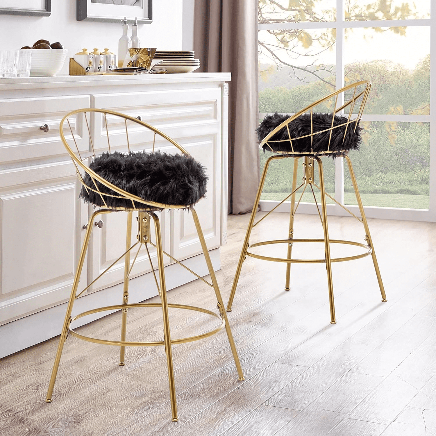 26" Swivel Upholstered Bar Stools with Backs Black Faux Fur Gold Metal ...