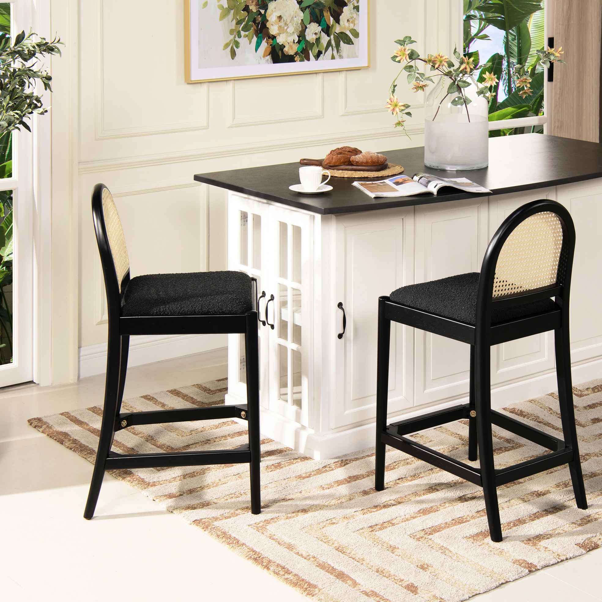26.5" Cane Curved Back Counter Stools, 2 Pack. Ebony Black Boucle ...