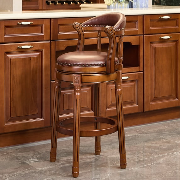 26.5'' Seat Height Cow Leather Wooden Bar Stool, 360° Rotating, Brown ...