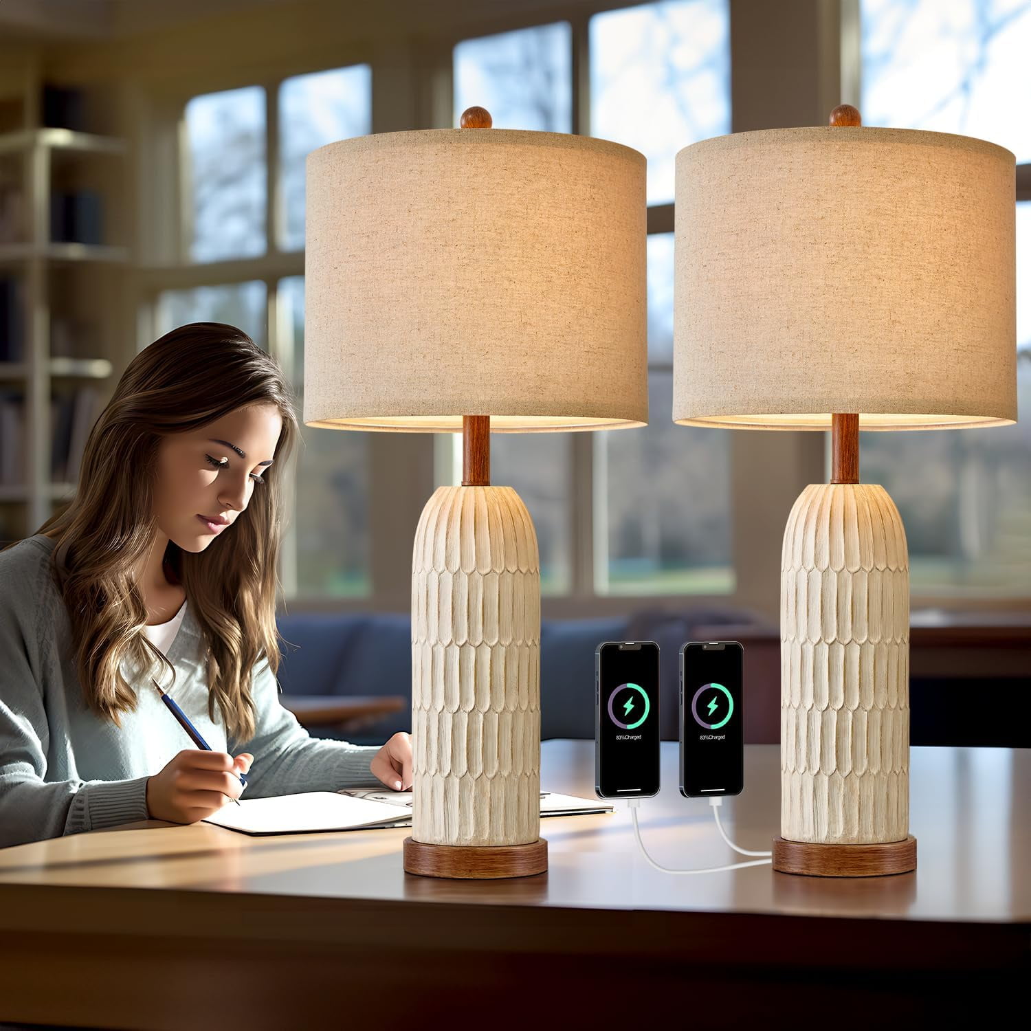 26.5" Table Lamp Set of 2 for Bedroom Living Room with USB A+C Charging ...