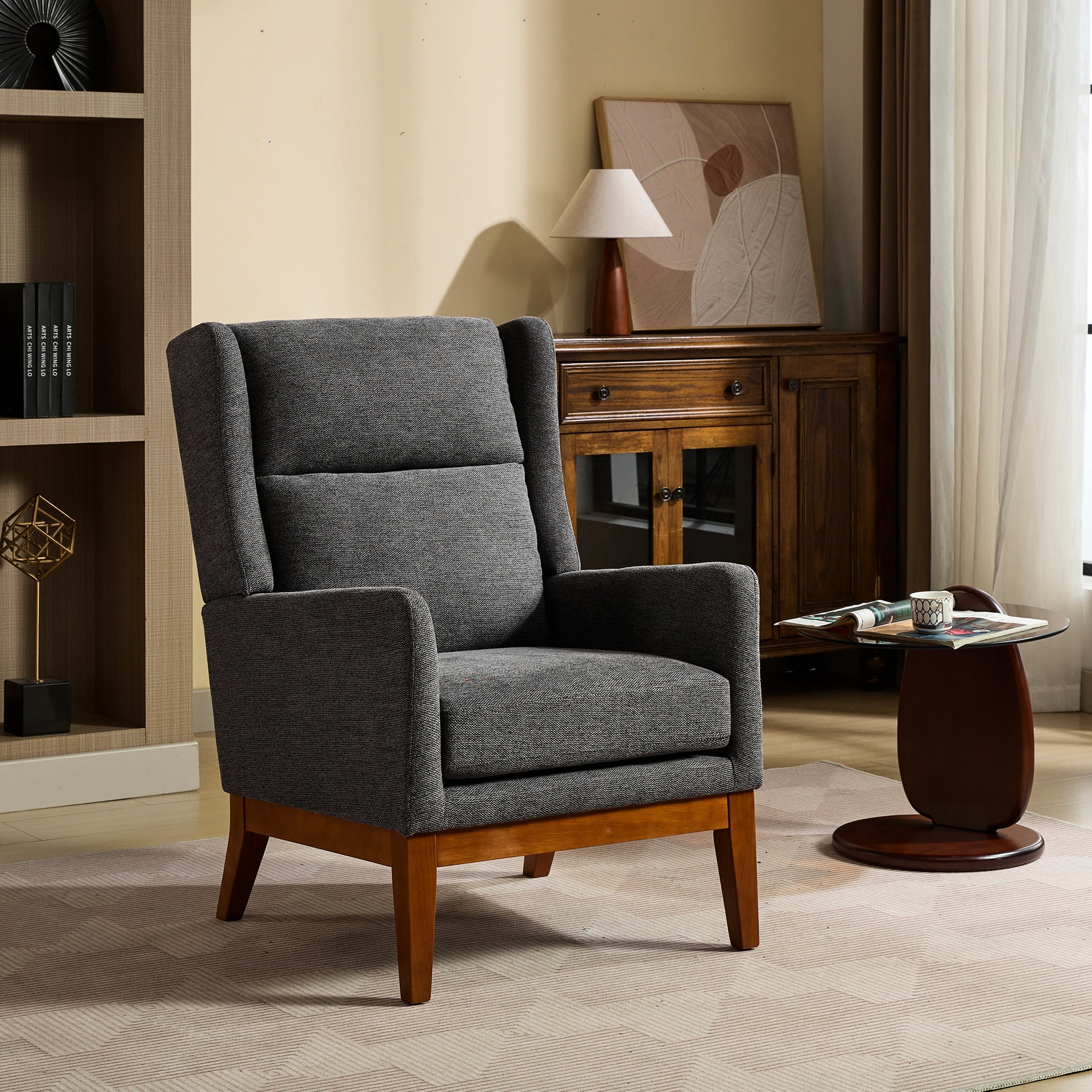 26.51" Wide High Back Chair, Blend Material, Wood Legs, Charcoal For ...