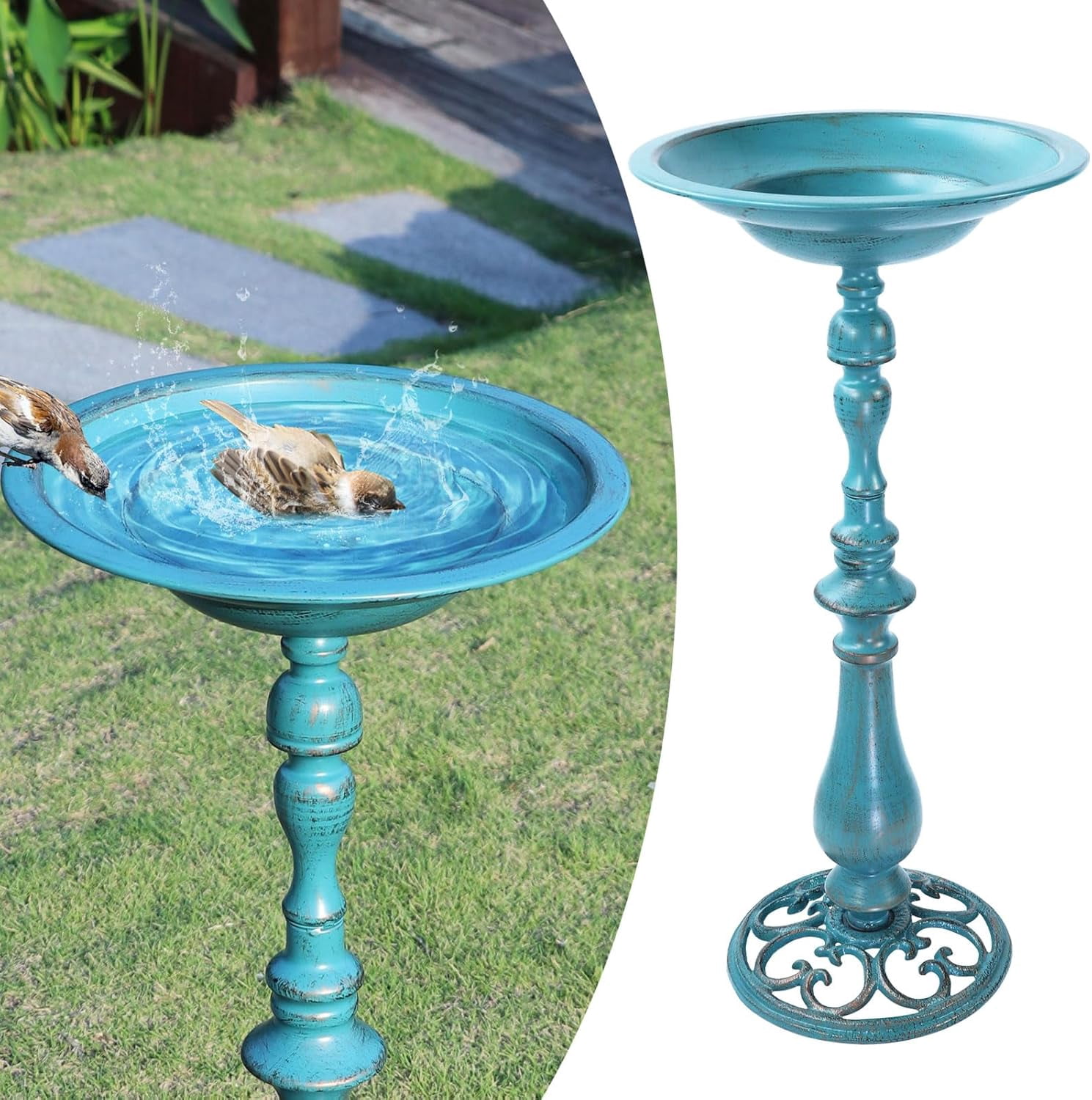 26.6”H×12.3" W Cast Iron Pedestal Bird Bath，Metal Birdbaths Feeder Seed ...