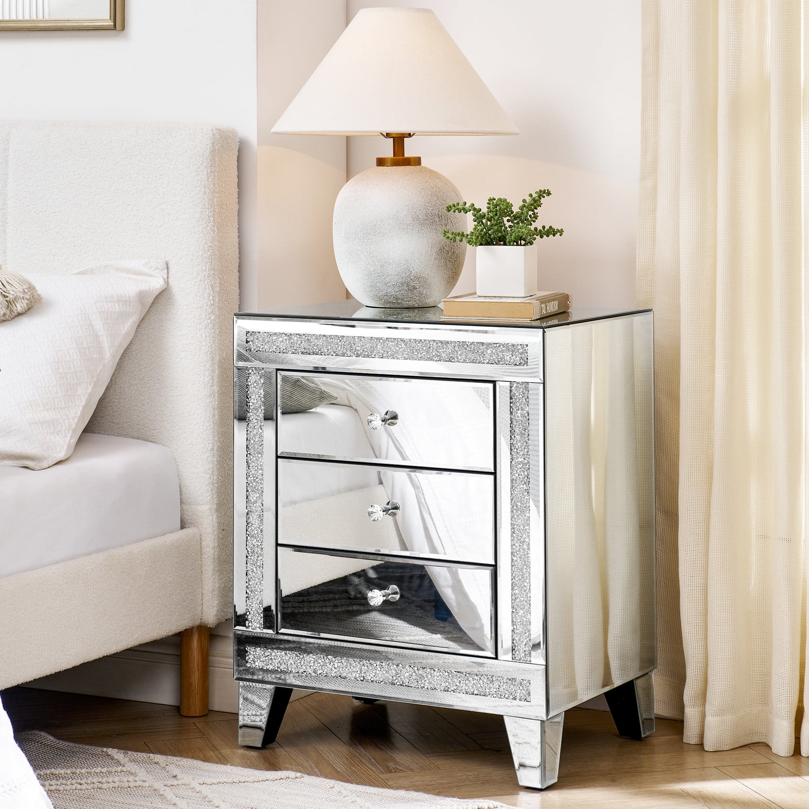 26.8-inch high silver 3-drawer bedside cabinet / Safe edge and chamfer ...