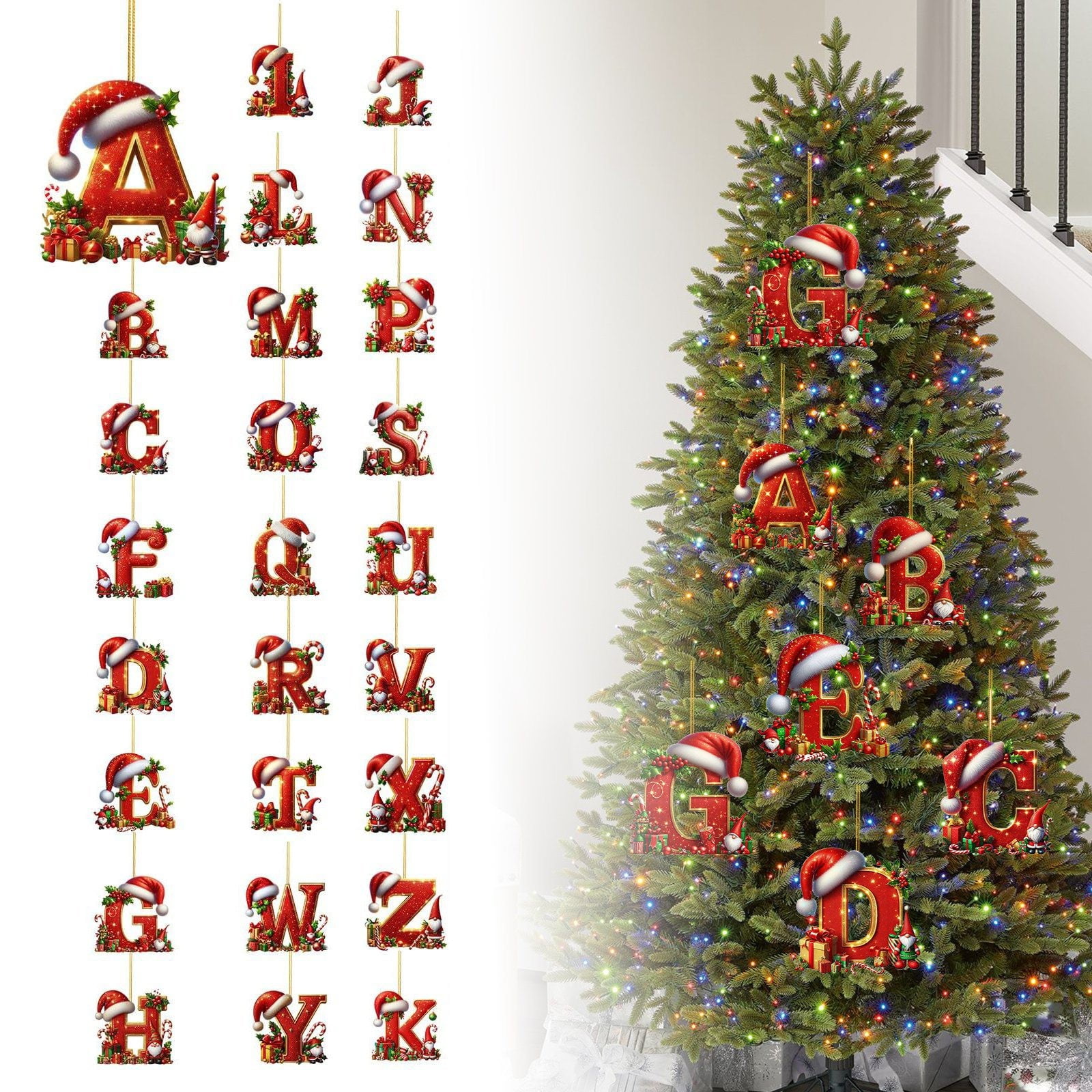 26 Alphabet Ornaments for Christmas Tree,Red Initials Christmas ...