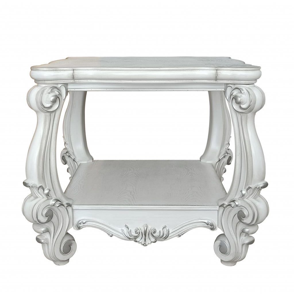 26" Antiqued White Manufactured Wood Square Scroll End Table With Shelf ...
