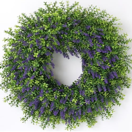 26" Artificial Lavender & Boxwood Wreath for Front Door - Large Faux ...