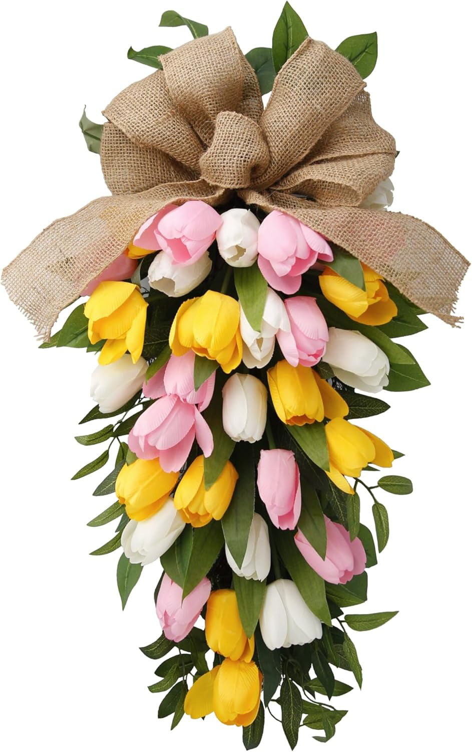 26" Artificial Tulips Teardrop Swag with Burlap Bow, Handmade Spring ...