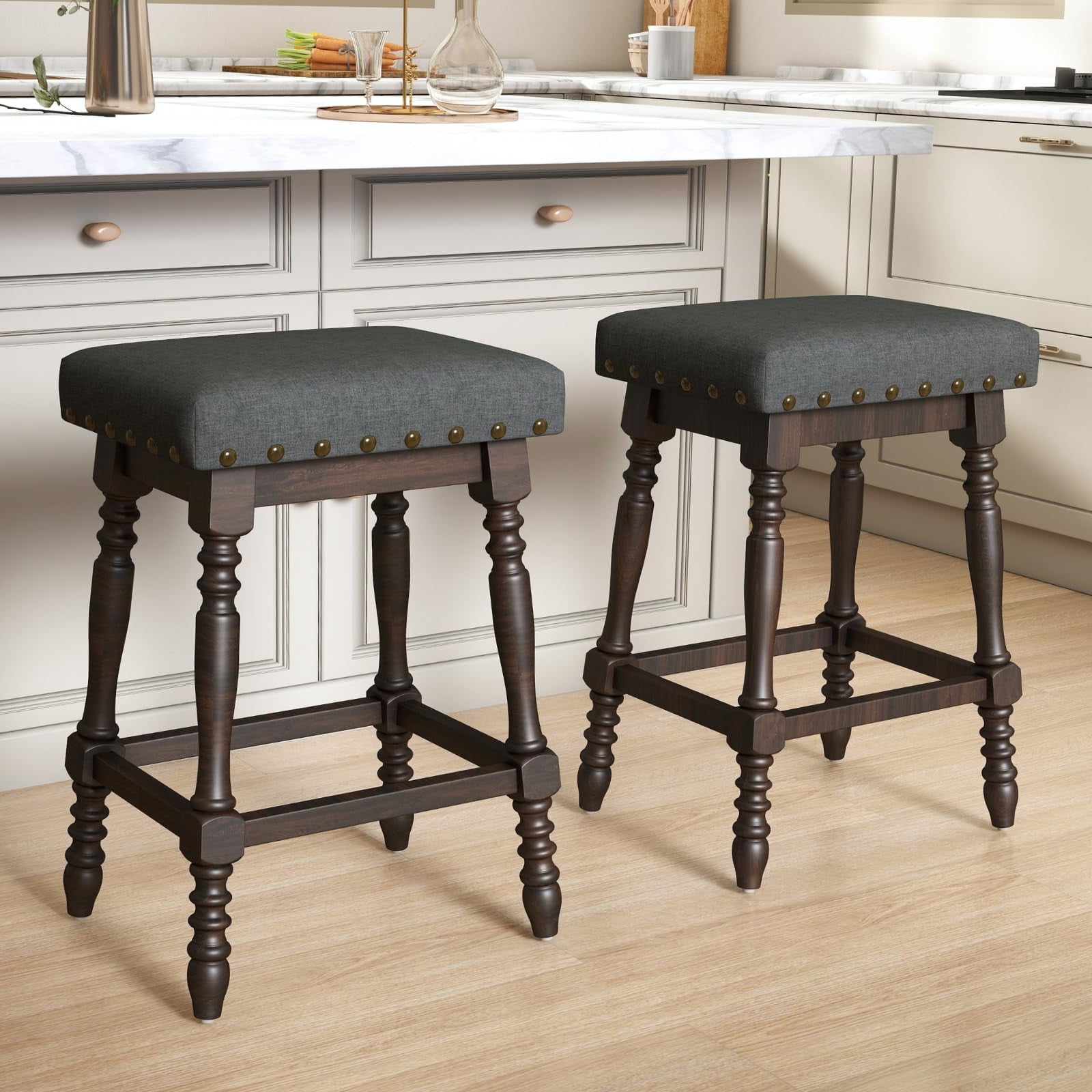 26" Backless Bar Stools Set of 2, Farmhouse Wooden Counter Height ...