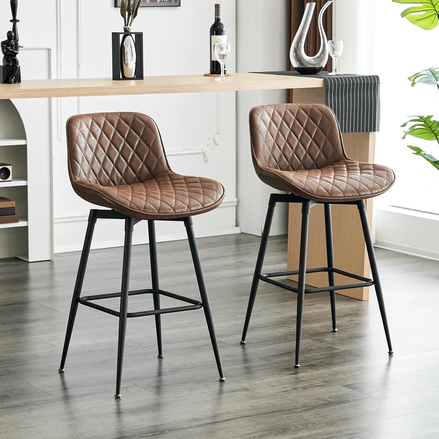 26” Bar Stools Set of 2, 360° Swivel Counter Bar Stool with Back, Mid ...