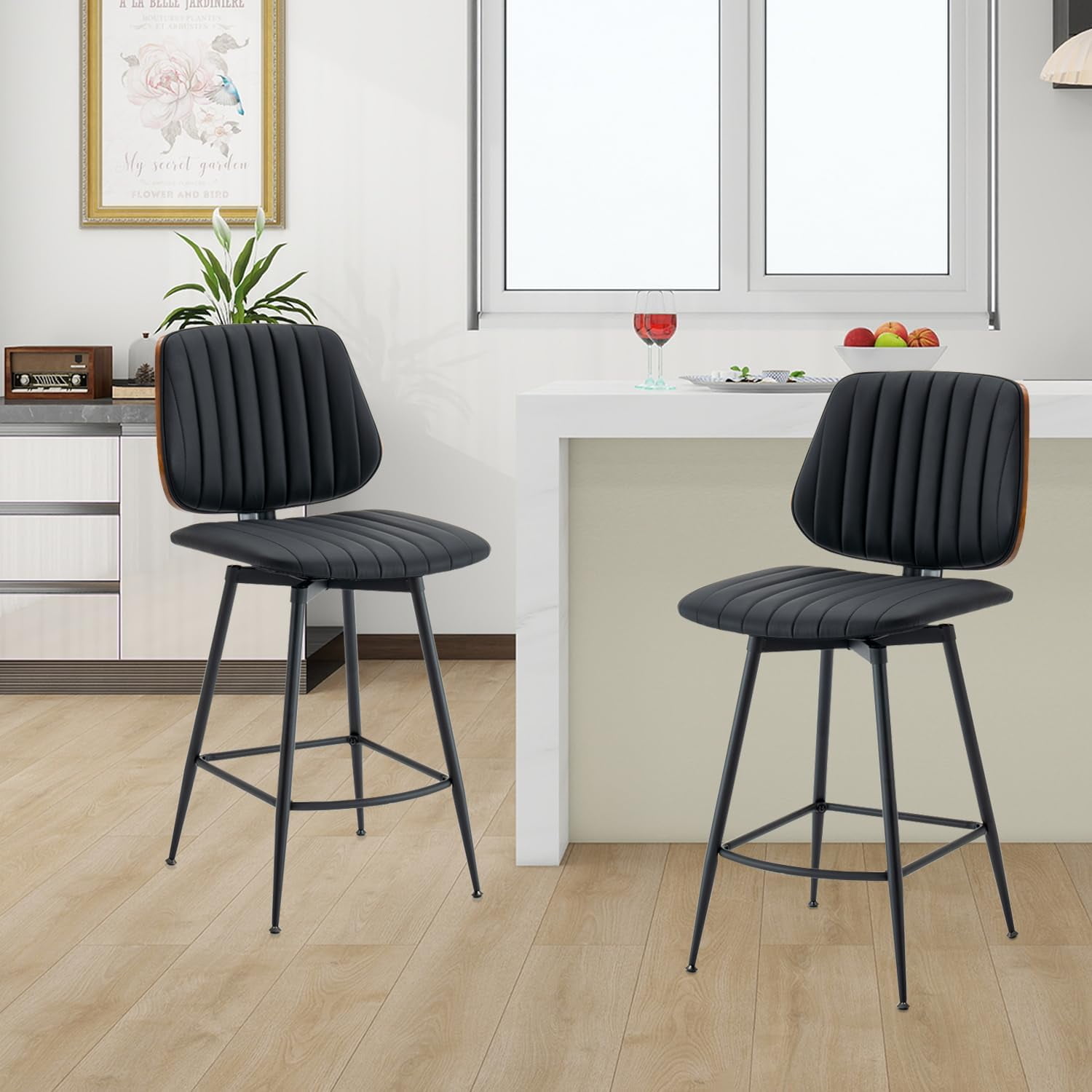 26'' Bar Stools Set of 2 with Bentwood Back Modern 360° Swivel ...