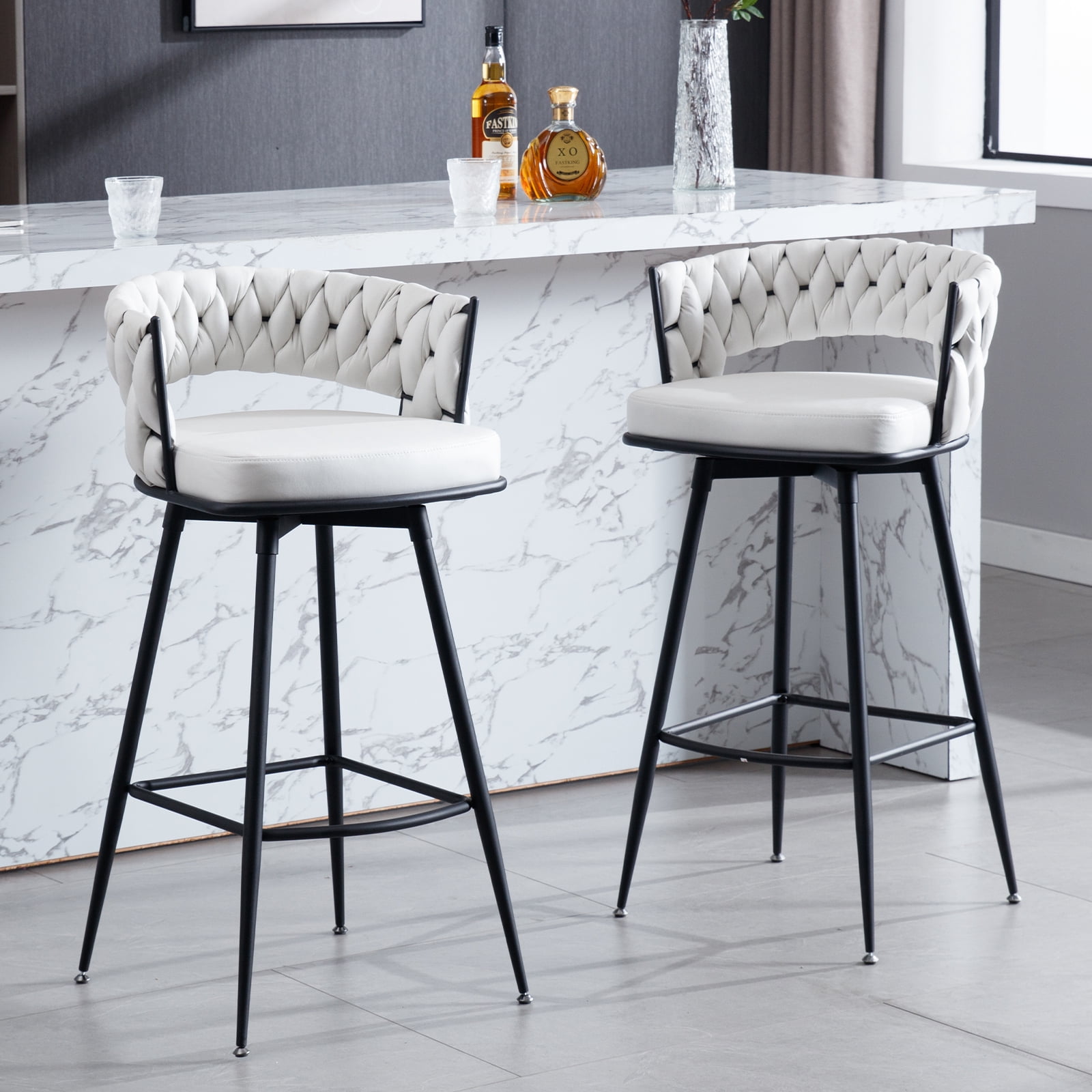 26" Bar Stools Set of 2, Counter Height Barstools with Woven Back and ...