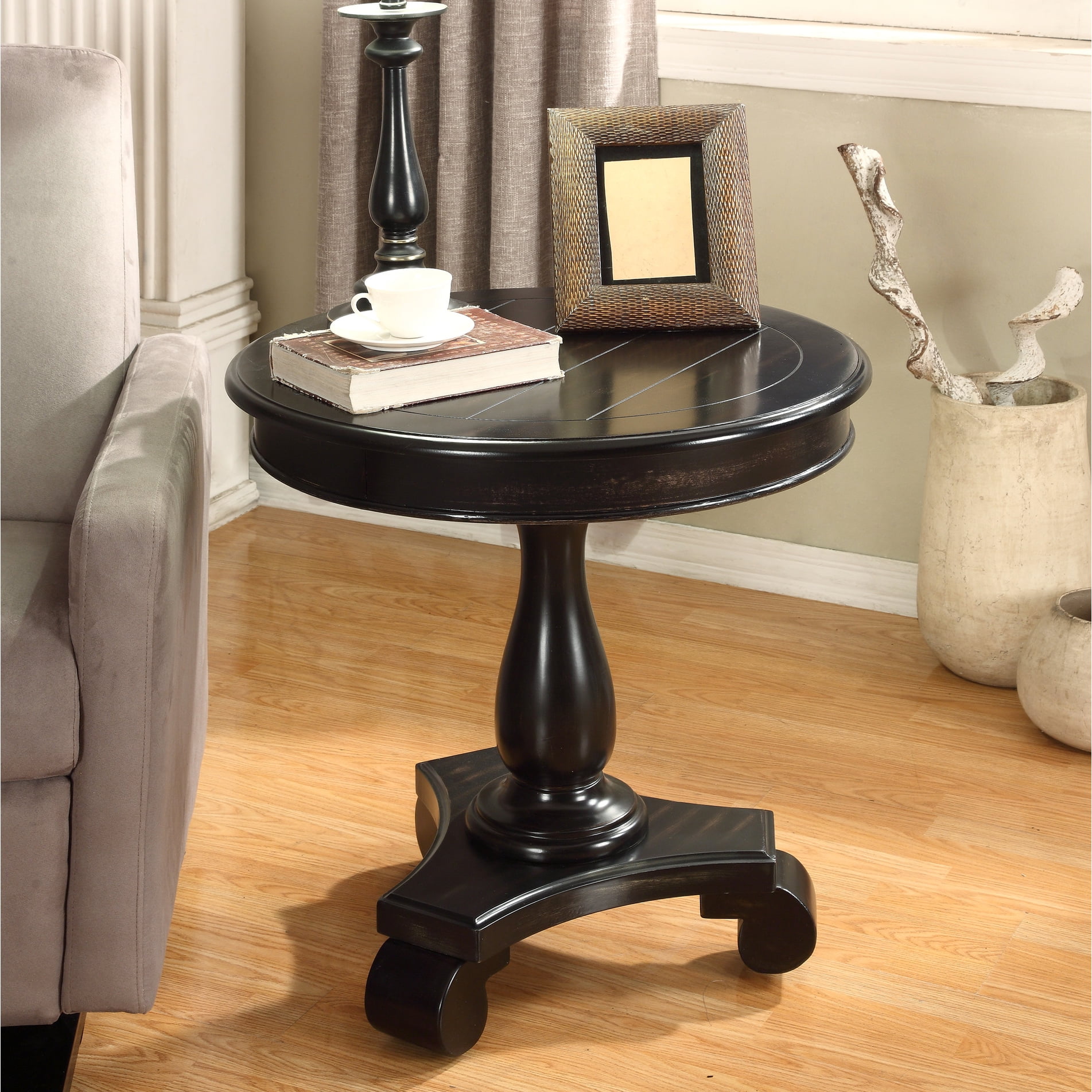 26" Black Wood Pedestal Side Table , Classic Design, 26.5" Height Round ...