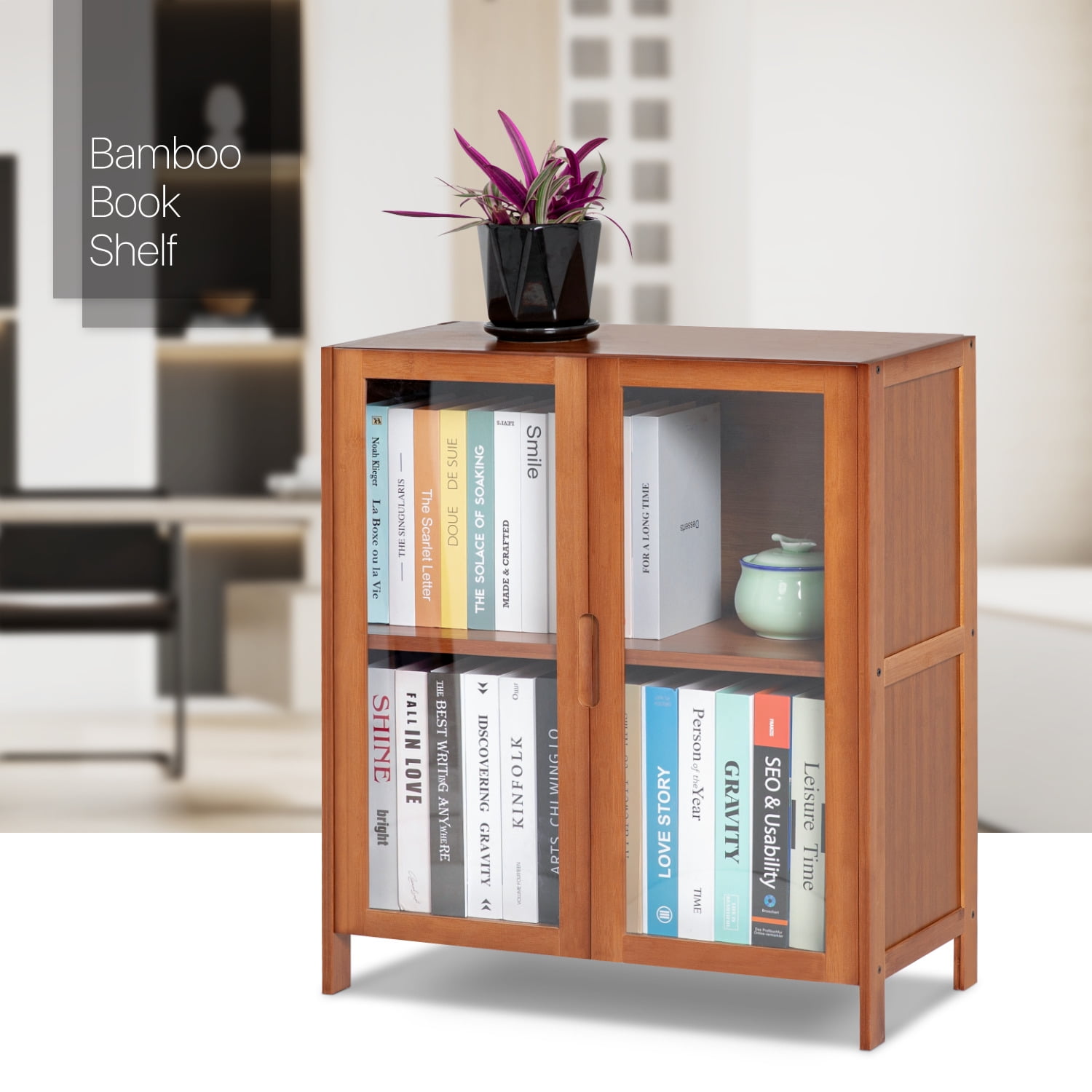 26"Brown Bamboo 2-Tier[ACRYLIC DOORS]Multi-Purpose Book Storage Cabinet ...