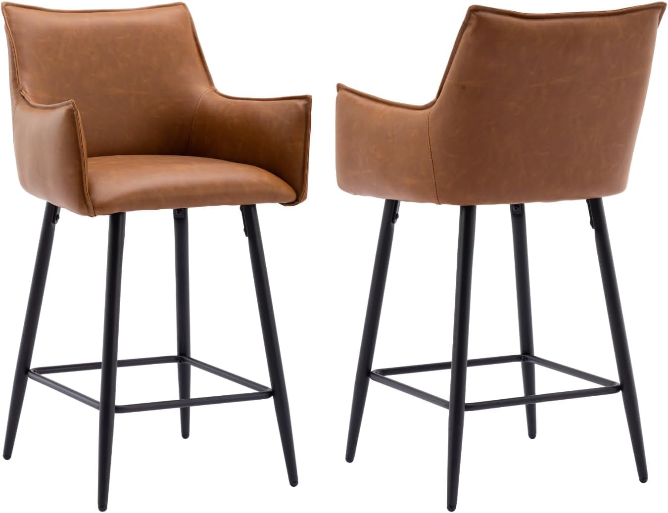 26" Brown Counter Height Bar Stool Set of 2, PU Leather Upholstered ...