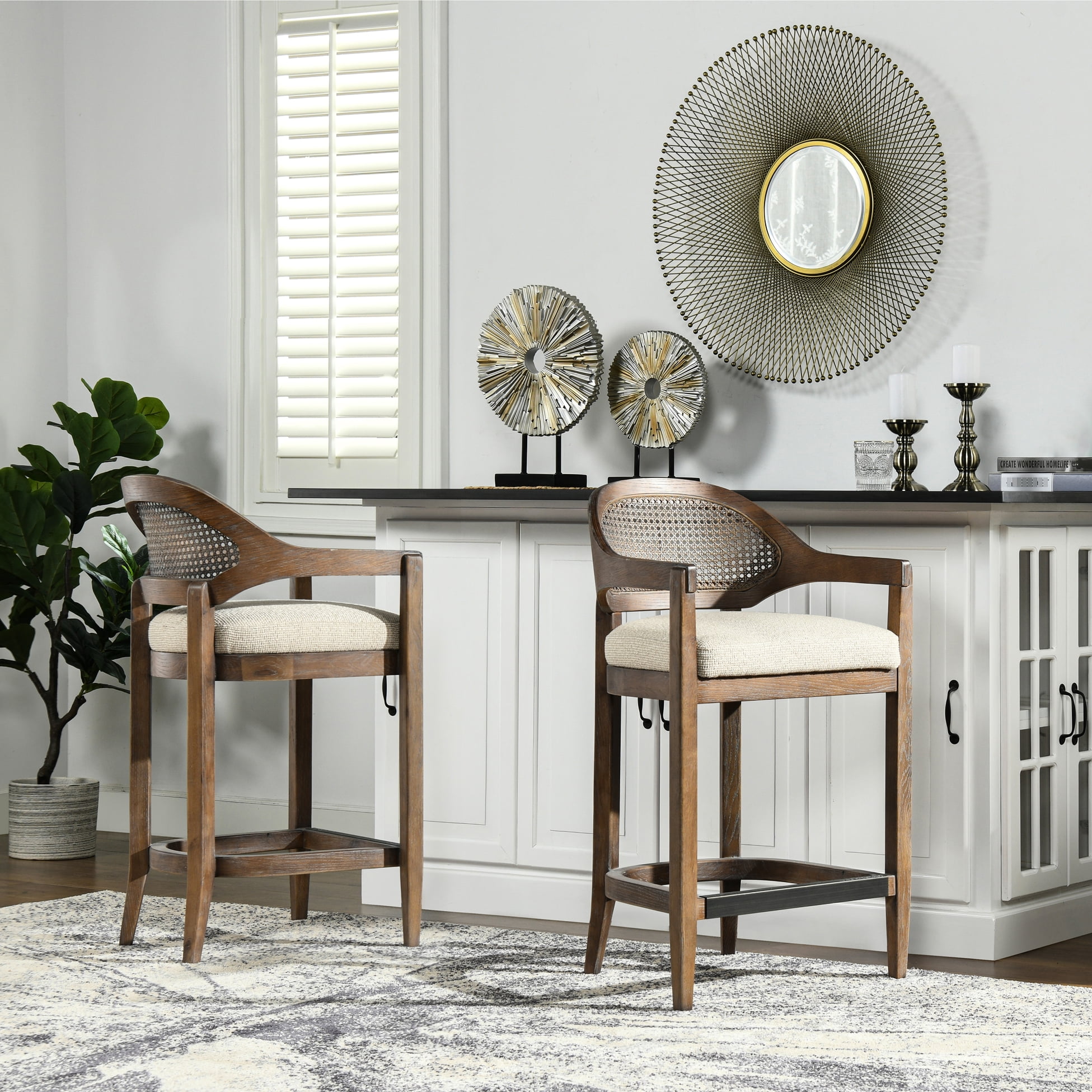 26" Cane Back Counter Stool, Mid-century Style, Taupe Beige Textured ...