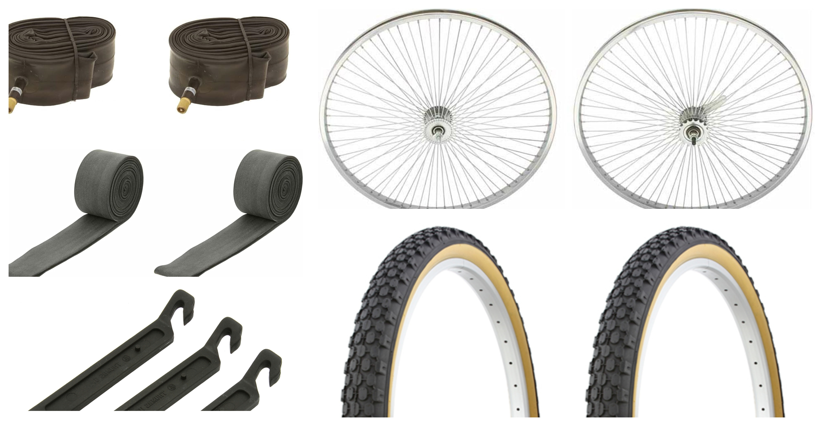 26" Chrome 144 Spoke Front and Back Coaster Wheel & two Tire Duro 26 x ...