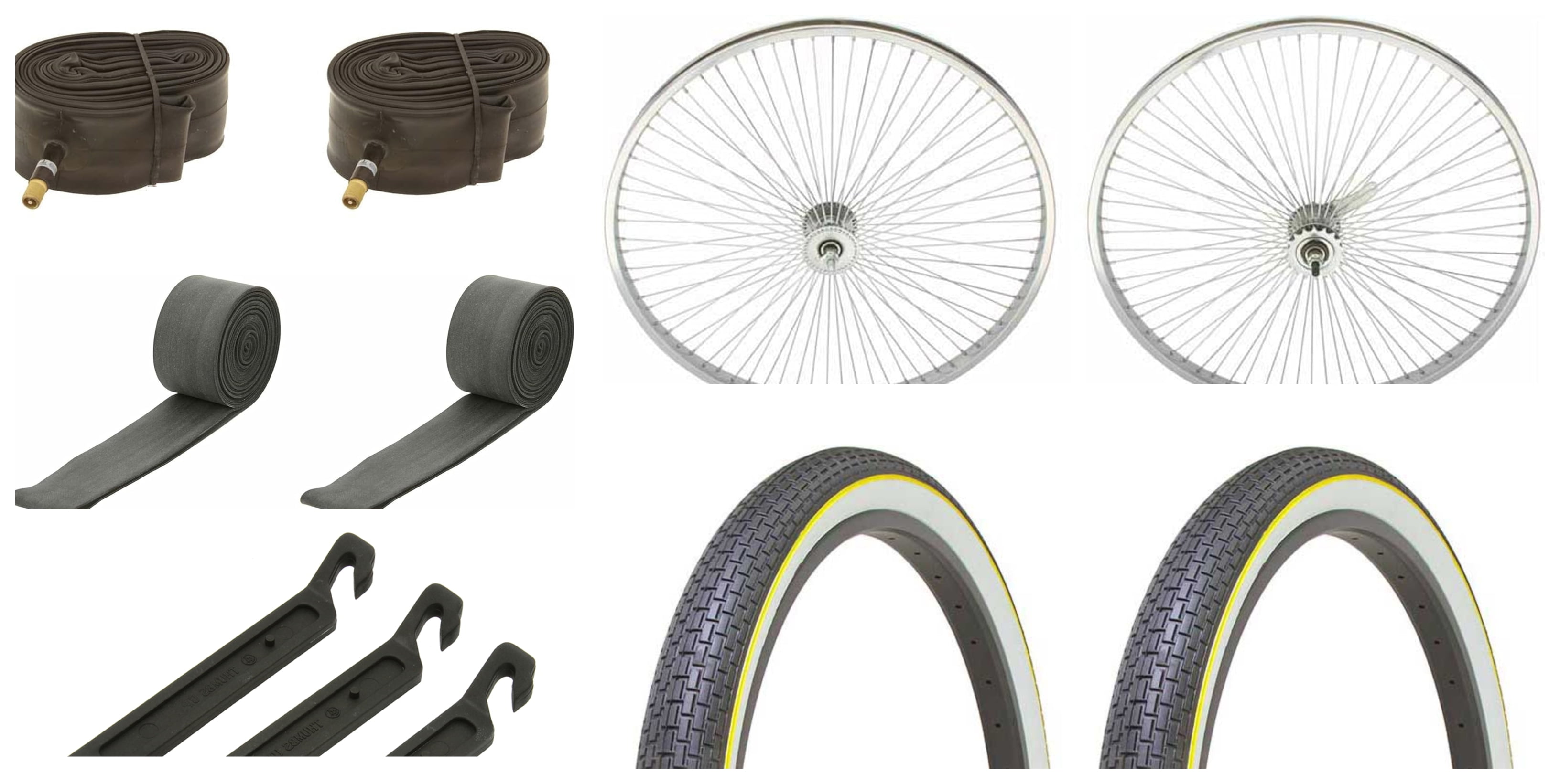 26" Chrome 144 Spoke Front and Back Coaster Wheel & two Tire Duro 26 x ...