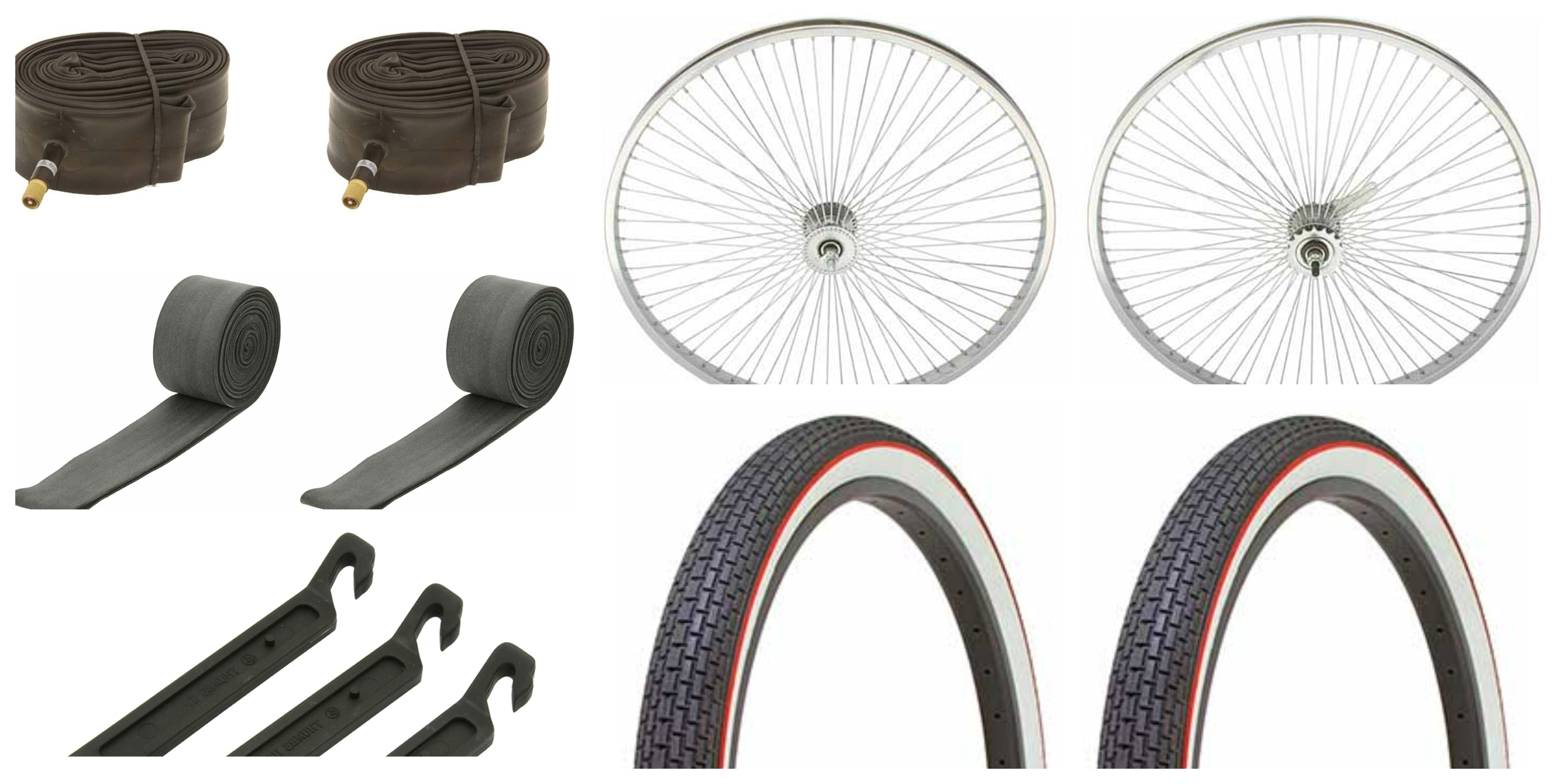 26" Chrome 144 Spoke Front and Back Coaster Wheel & two Tire Duro 26 x ...