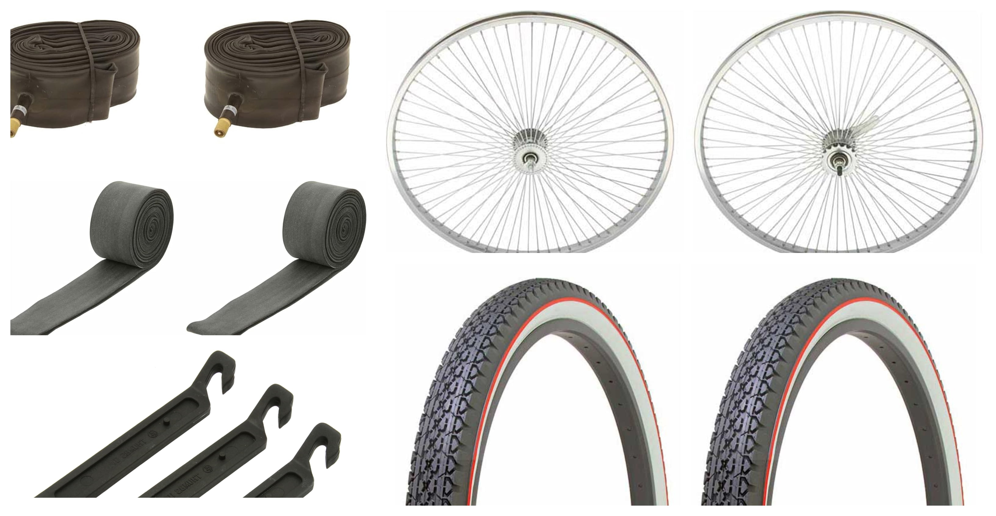 26" Chrome 144 Spoke Front and Back Coaster Wheel & two Tire Duro 26 x ...