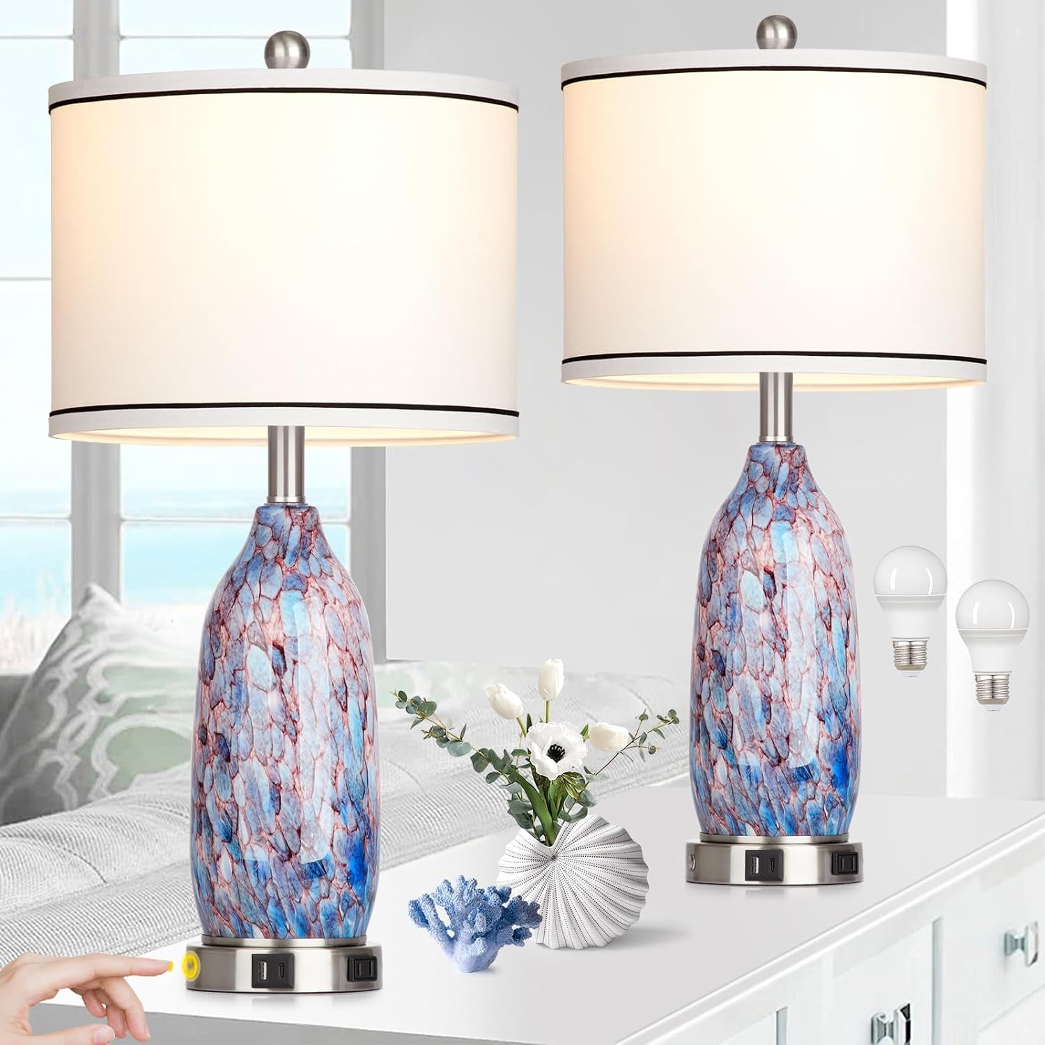 26" Coastal Glass Table Lamps Set of 2,Nautical lamp with USB A+C Ports ...