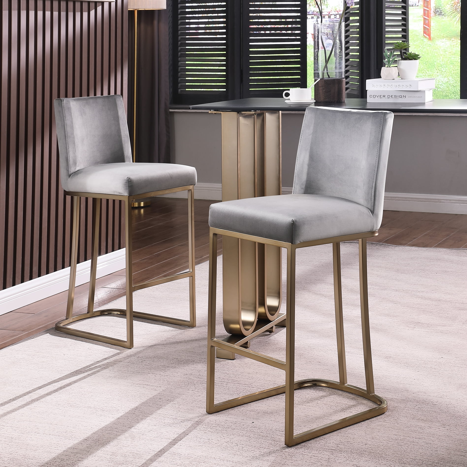 26" Counter Height Bar Stools ( Of 2), Modern Gray Velvet With Gold ...