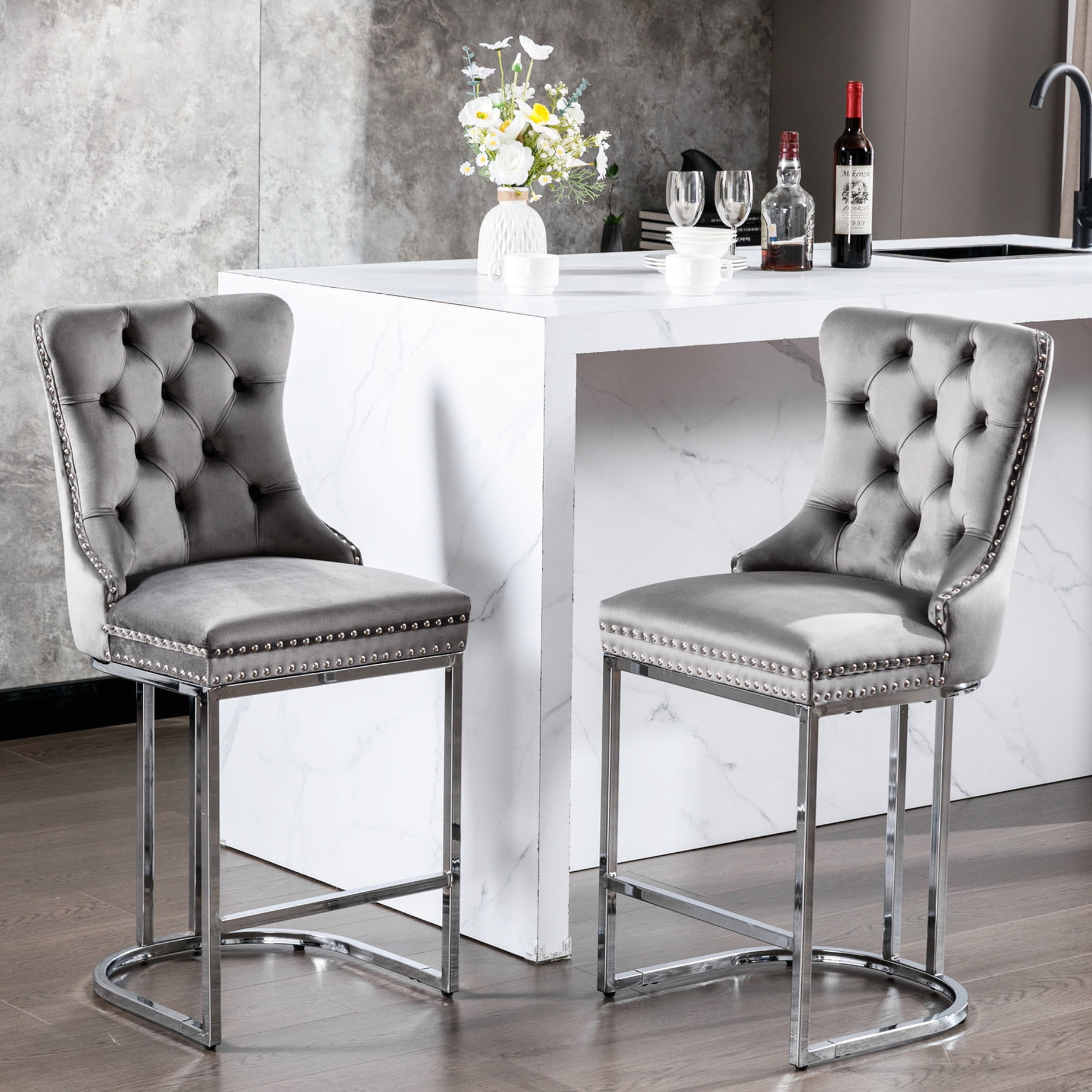 26" Counter Height Bar Stools, Of 2, Gray Velvet, Button Back&rivet ...