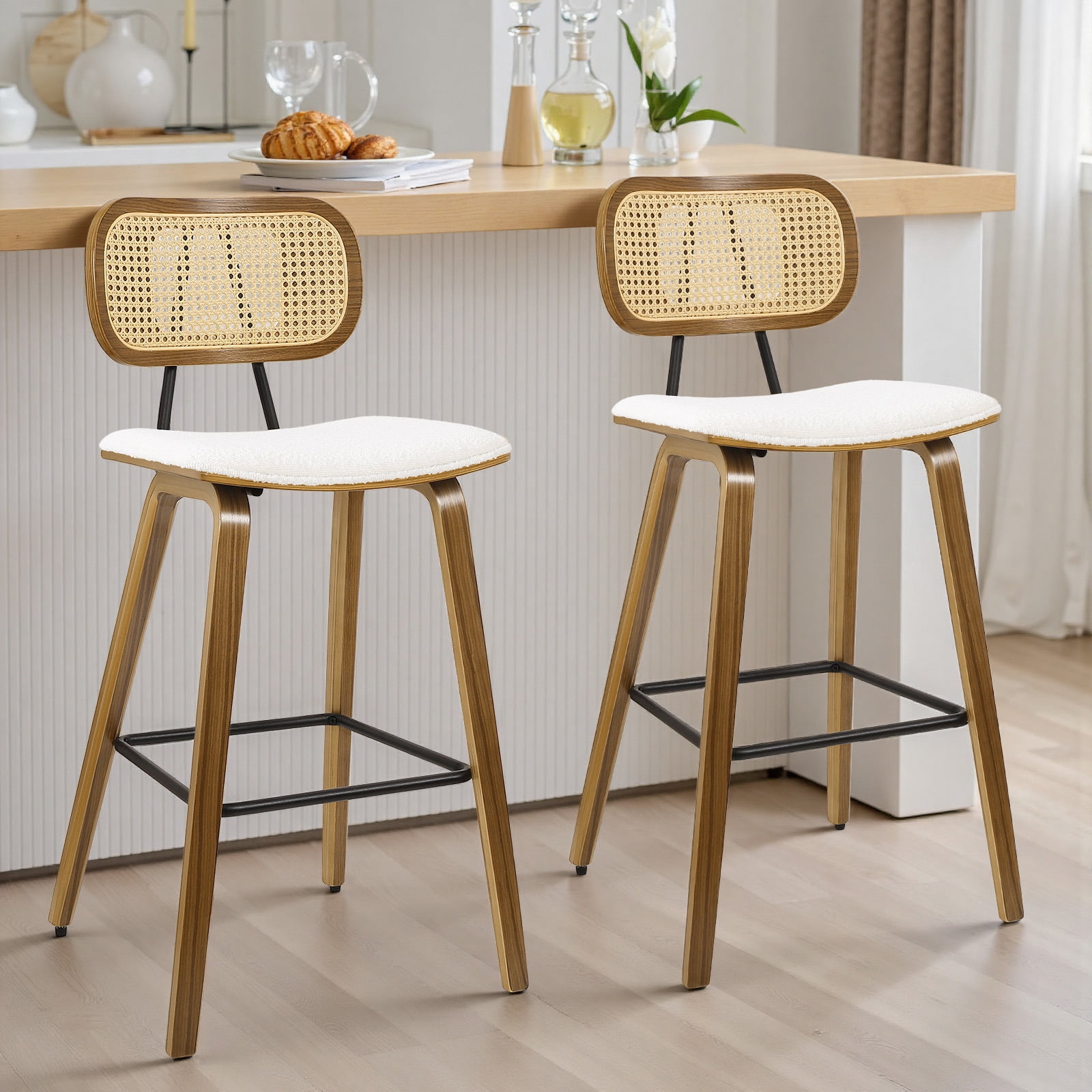 26" Walnut Wood Counter Height Bar Stools, Rattan Back, Boucle ...