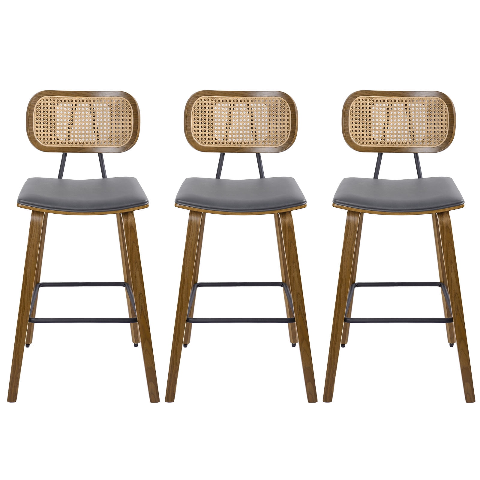 26" Counter Height Bar Stools with Rattan Back Set of 3, Mid Century ...