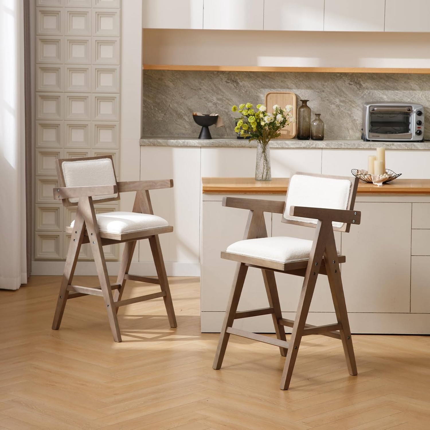 26" Counter Height Bar Stools Set of 2, Boucle Upholstered Counter ...